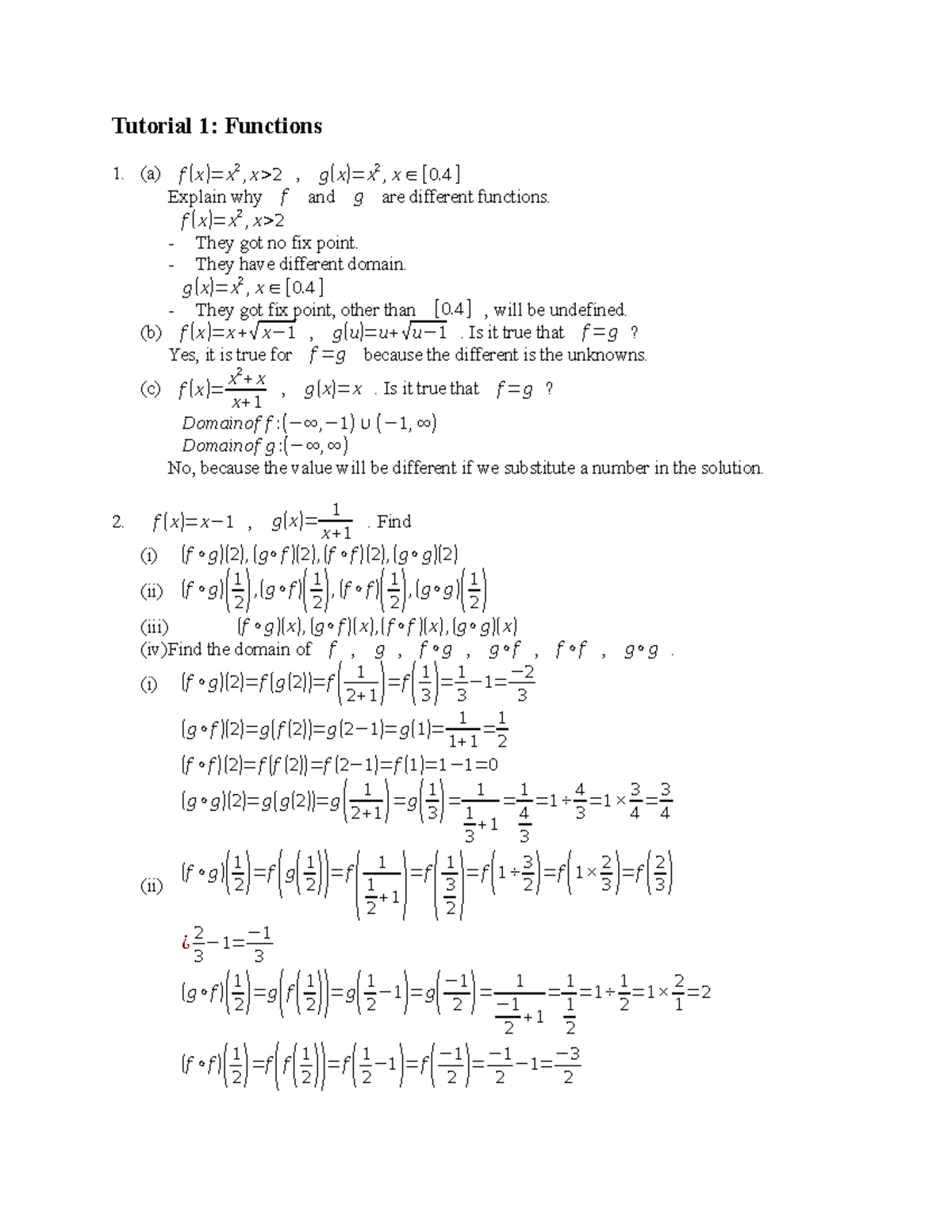 Calculus (Tutorial 01) Answer - Tutorial 1: Functions 1. (a) f ( x 2 ...