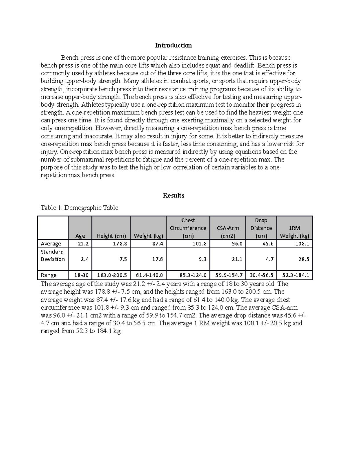 Exercise Physiology - Lab Report 2 Final - Bench press is one of the ...