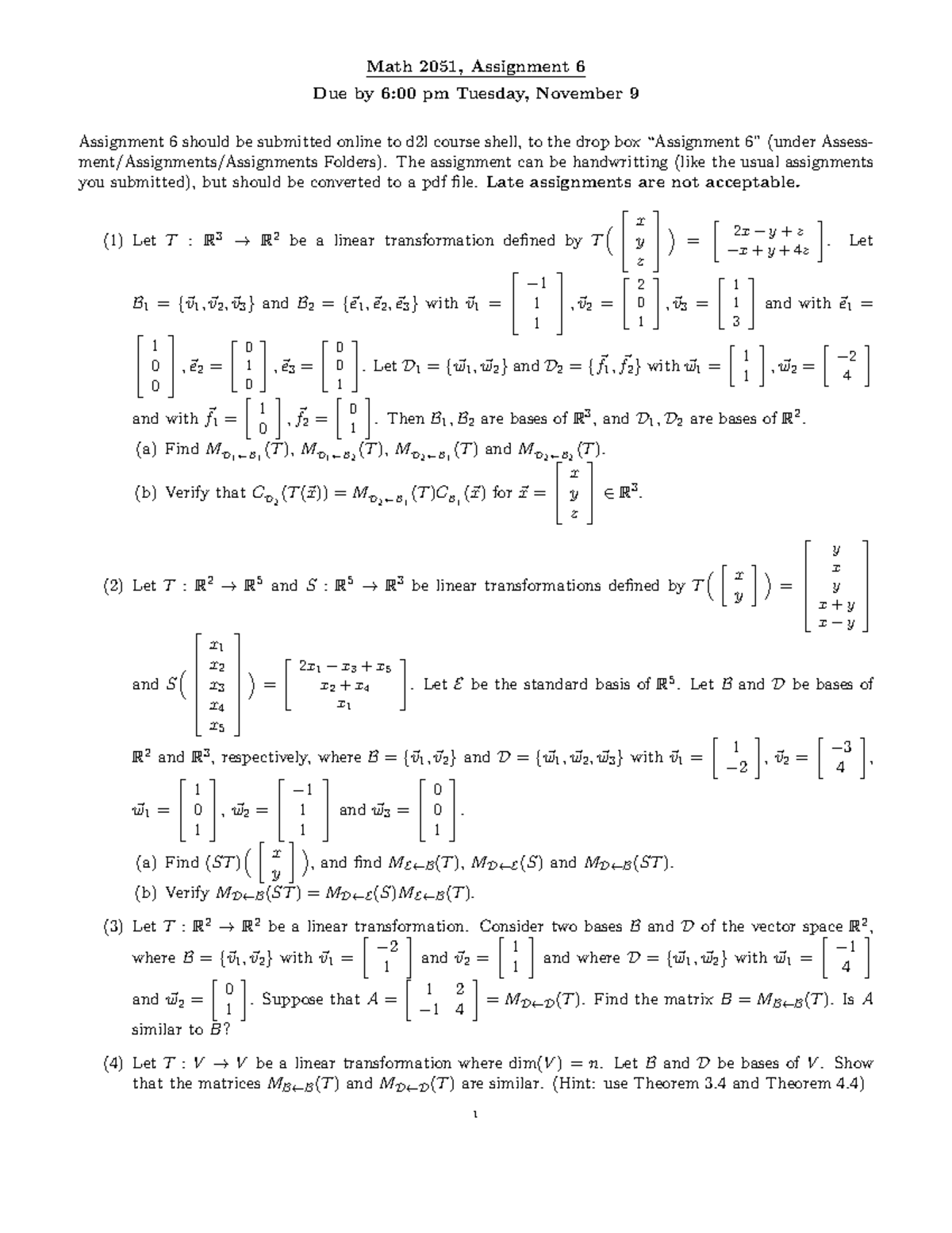 Assignment 6 - Chapter 6. - Math 2051, Assignment 6 Due by 6:00 pm ...