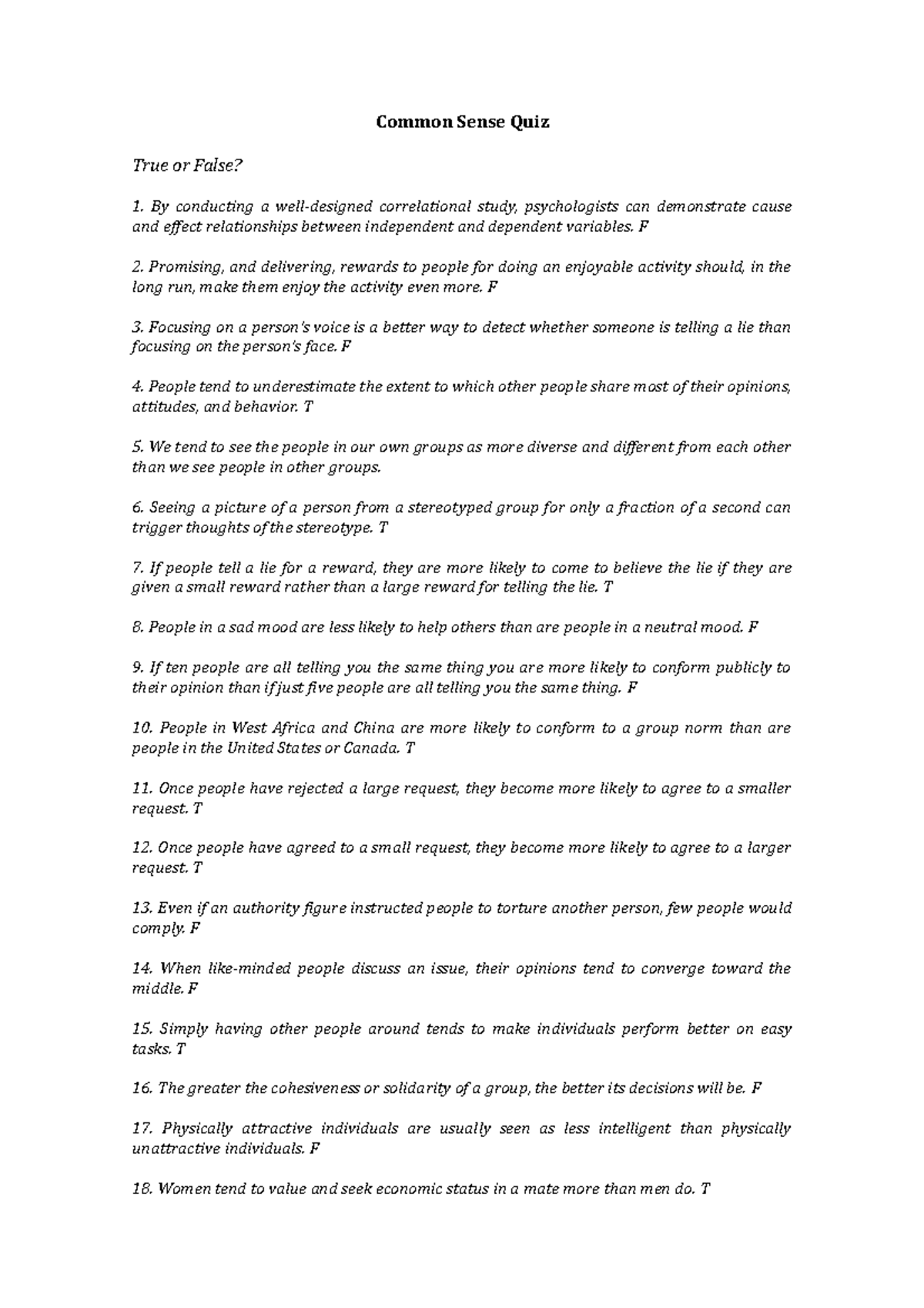 Common Sense Quiz - Quiz to practice - Common Sense Quiz True or False ...