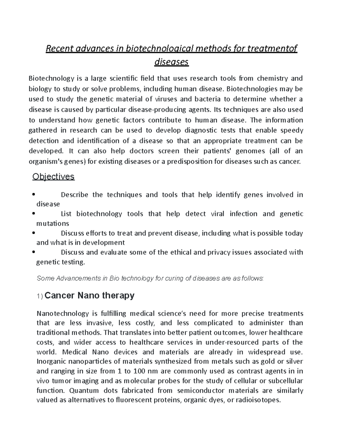 Recent advances in biotechnological methods for treatment of diseases ...