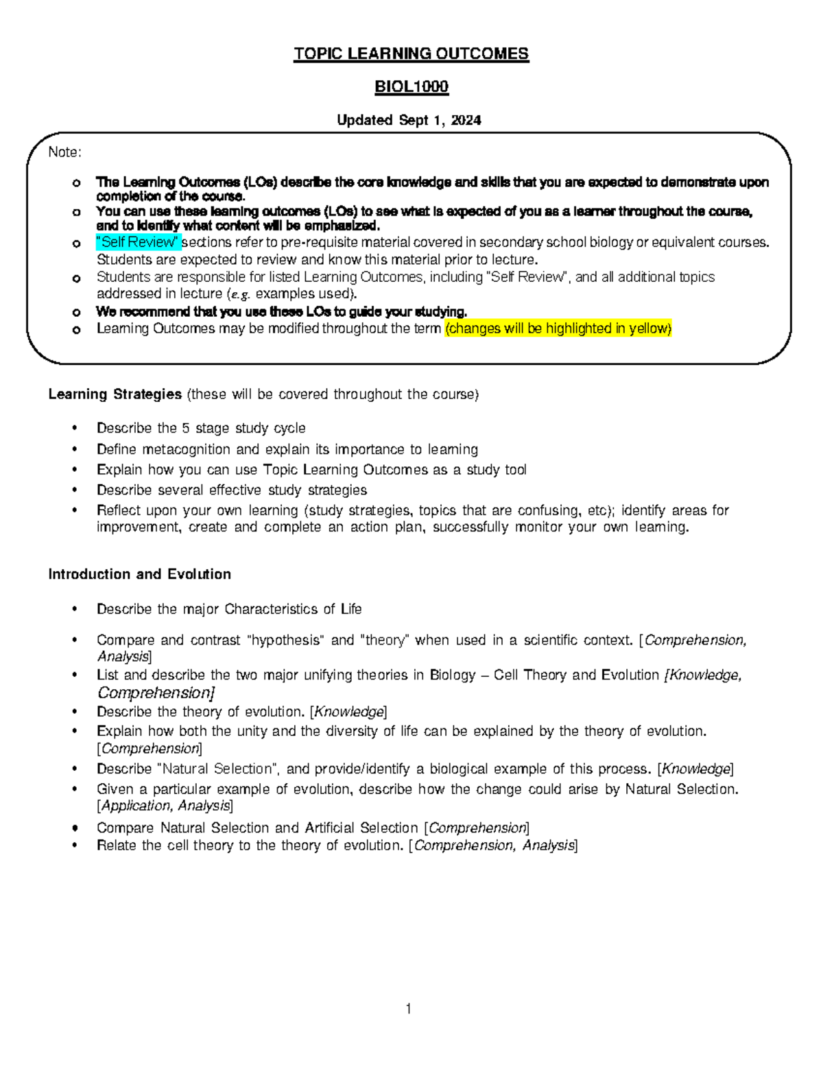 2024 F Biol1000 Learning Outcomes - TOPIC LEARNING OUTCOMES BIOL Updated Sept 1, 2024 Learning ...
