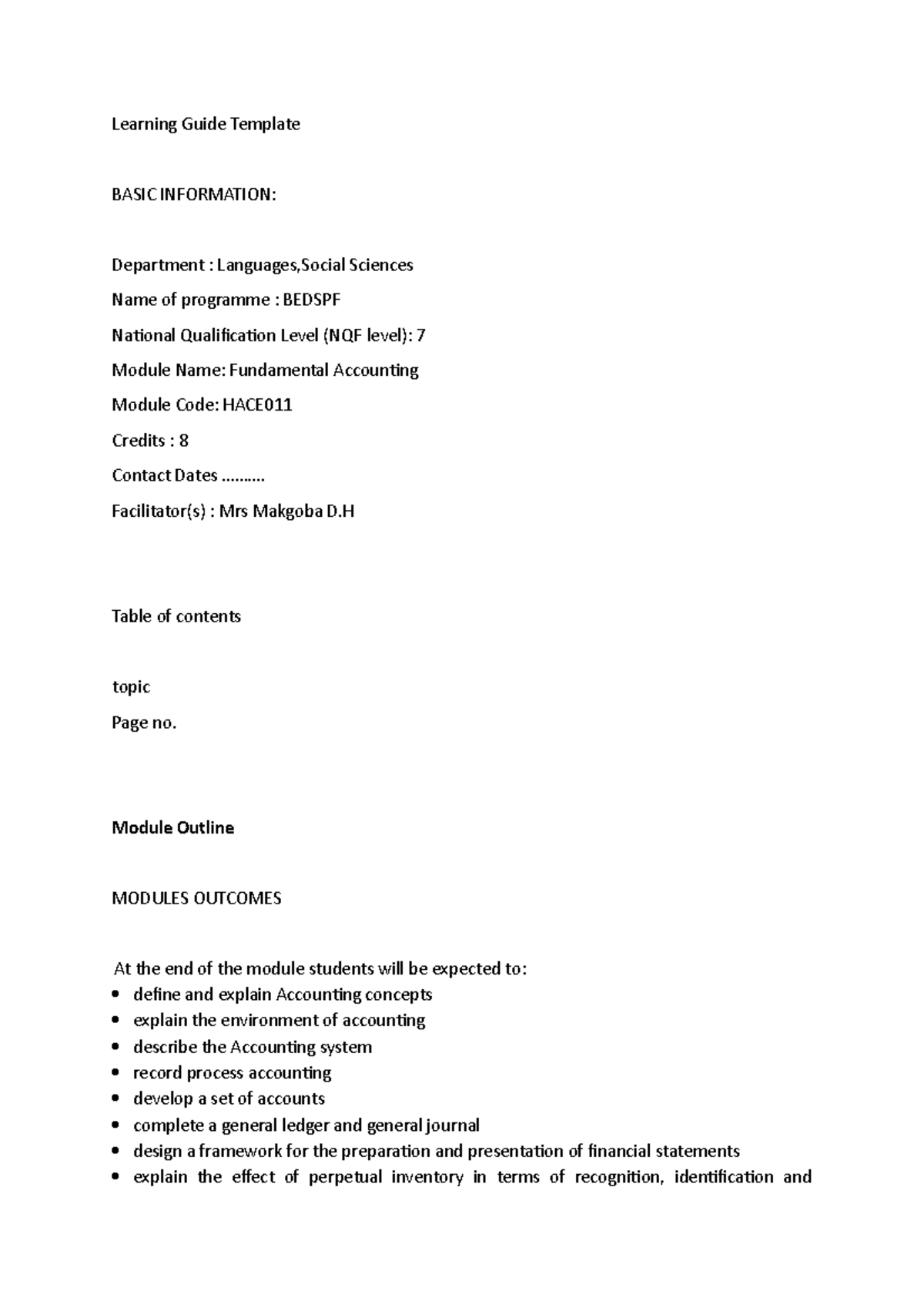 Learning Guide HACE011 2018 - Learning Guide Template BASIC INFORMATION ...
