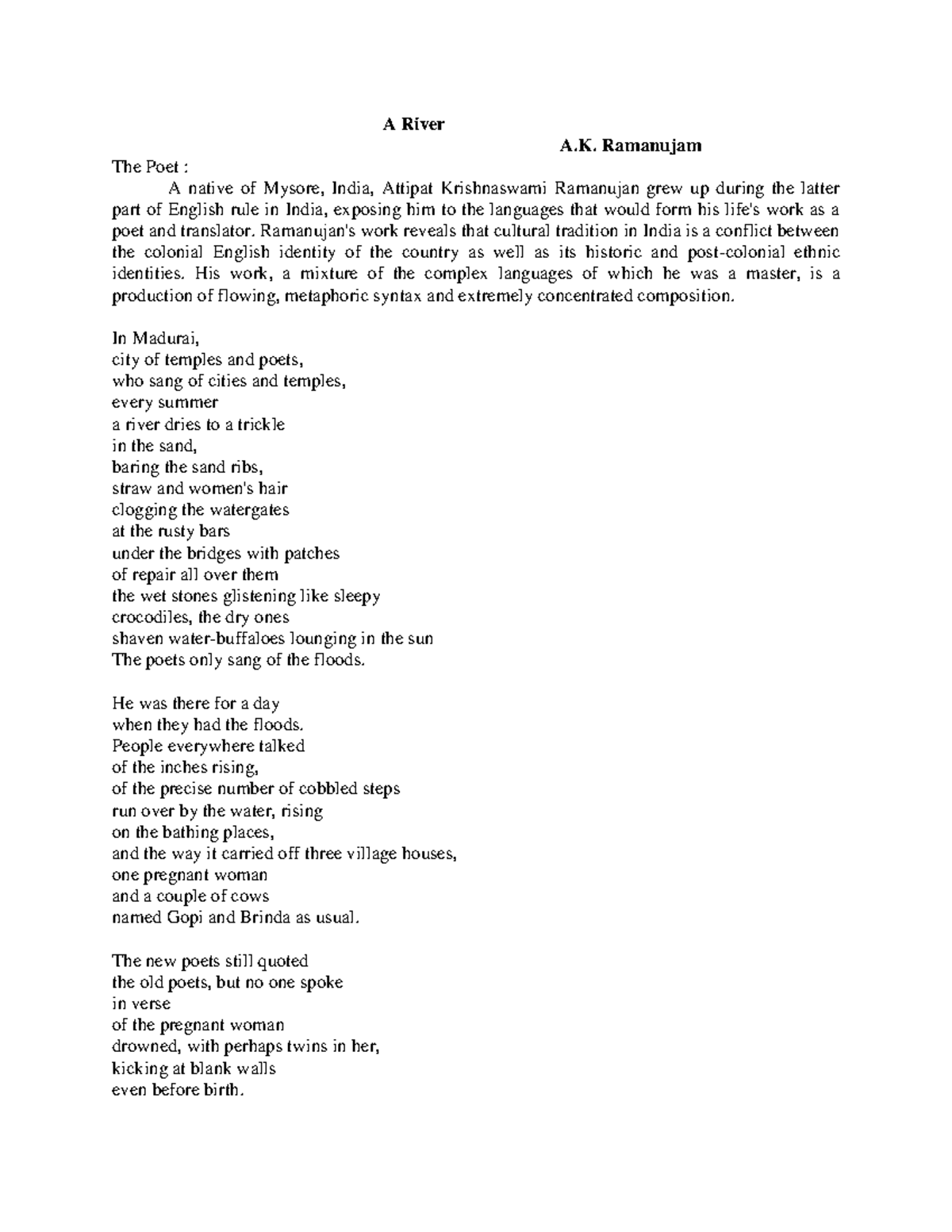 126-Indian Writing in English-Unit I - River poem by A.K. Ramanujam - A ...