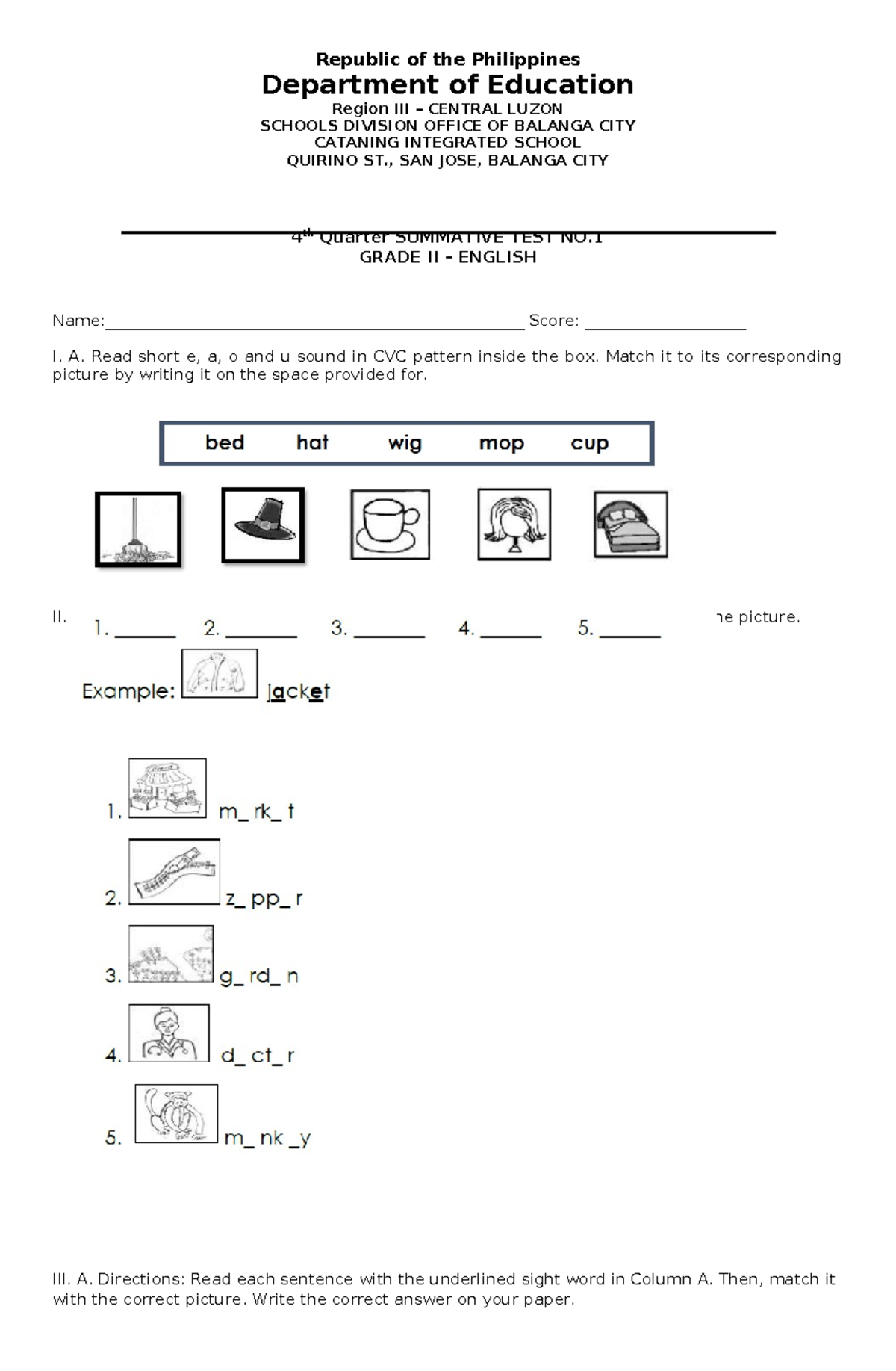 4th Quarter Summative TEST NO - Republic of the Philippines Department ...