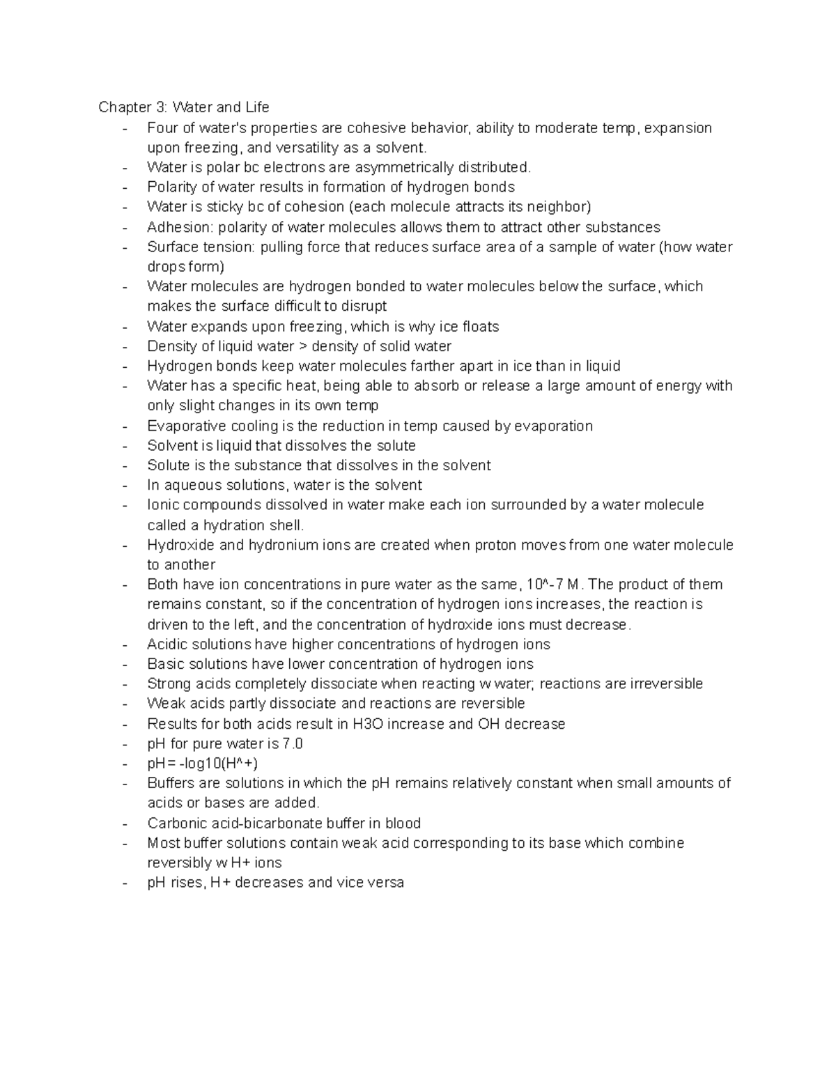 BIO 202 Lecture Notes - Chapter 3: Water and Life - Four of water's ...
