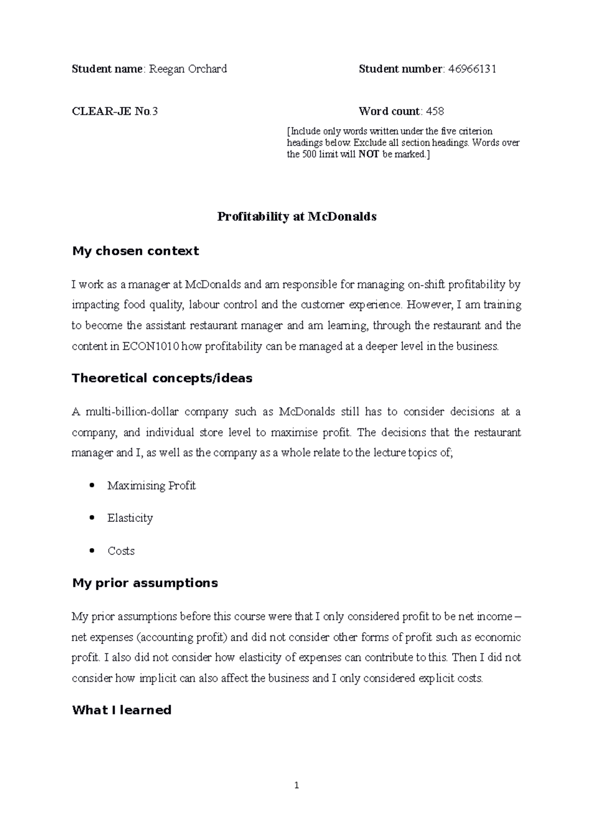 Clear-JE Template for Students 1 - Student name: Reegan Orchard Student ...