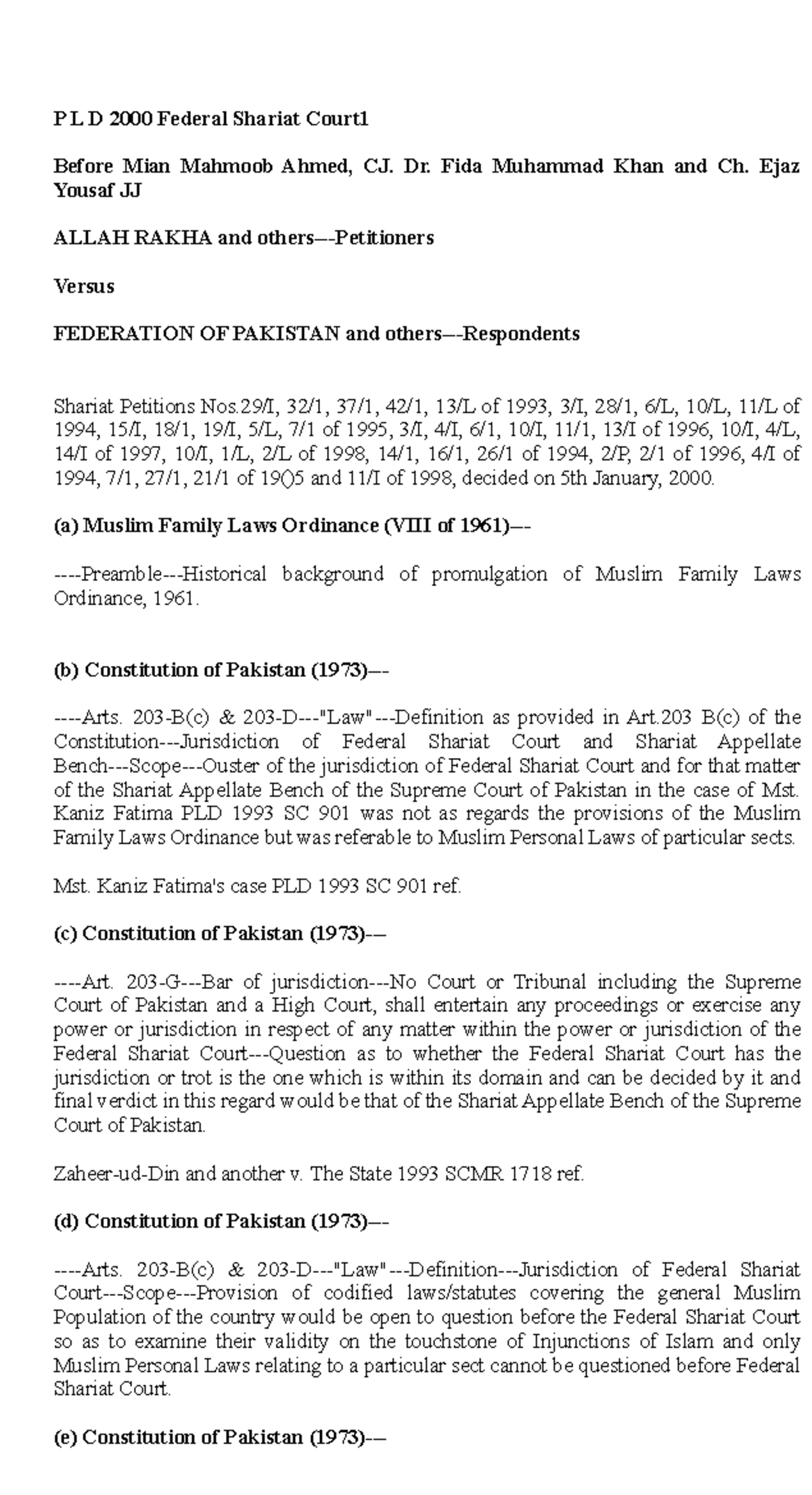 Task 2 Assignment PLD 2000 FSC 1 - P L D 2000 Federal Shariat Court Before Mian Mahmoob Ahmed ...