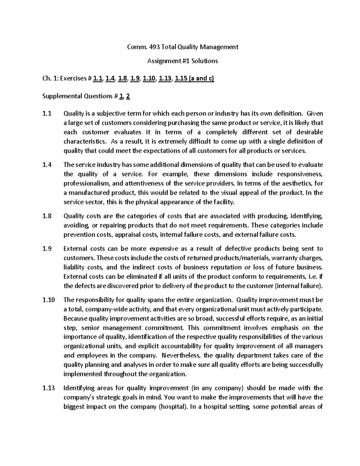 Seminar assignments - Comm. 493 Total Quality Management Assignment ...