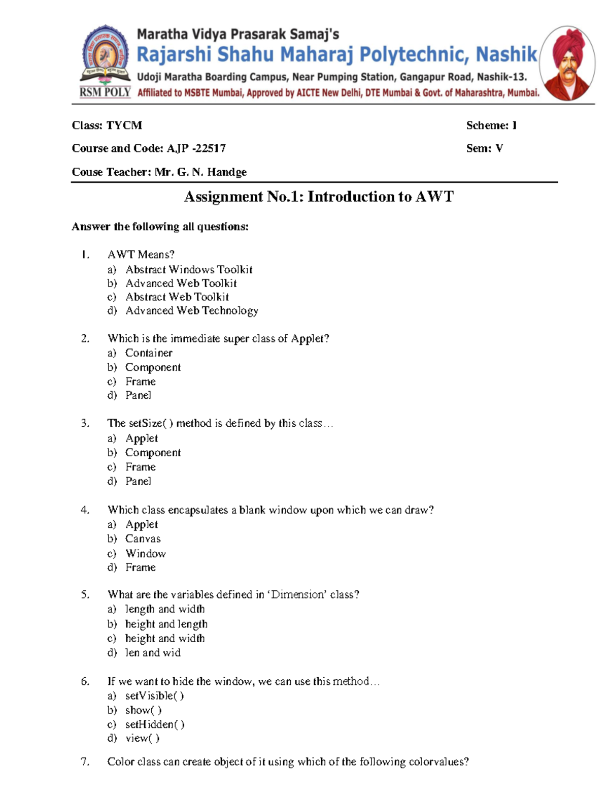 1 Java Mcq For Final Exam Class Tycm Scheme I Course And Code Ajp 22517 Sem V Couse