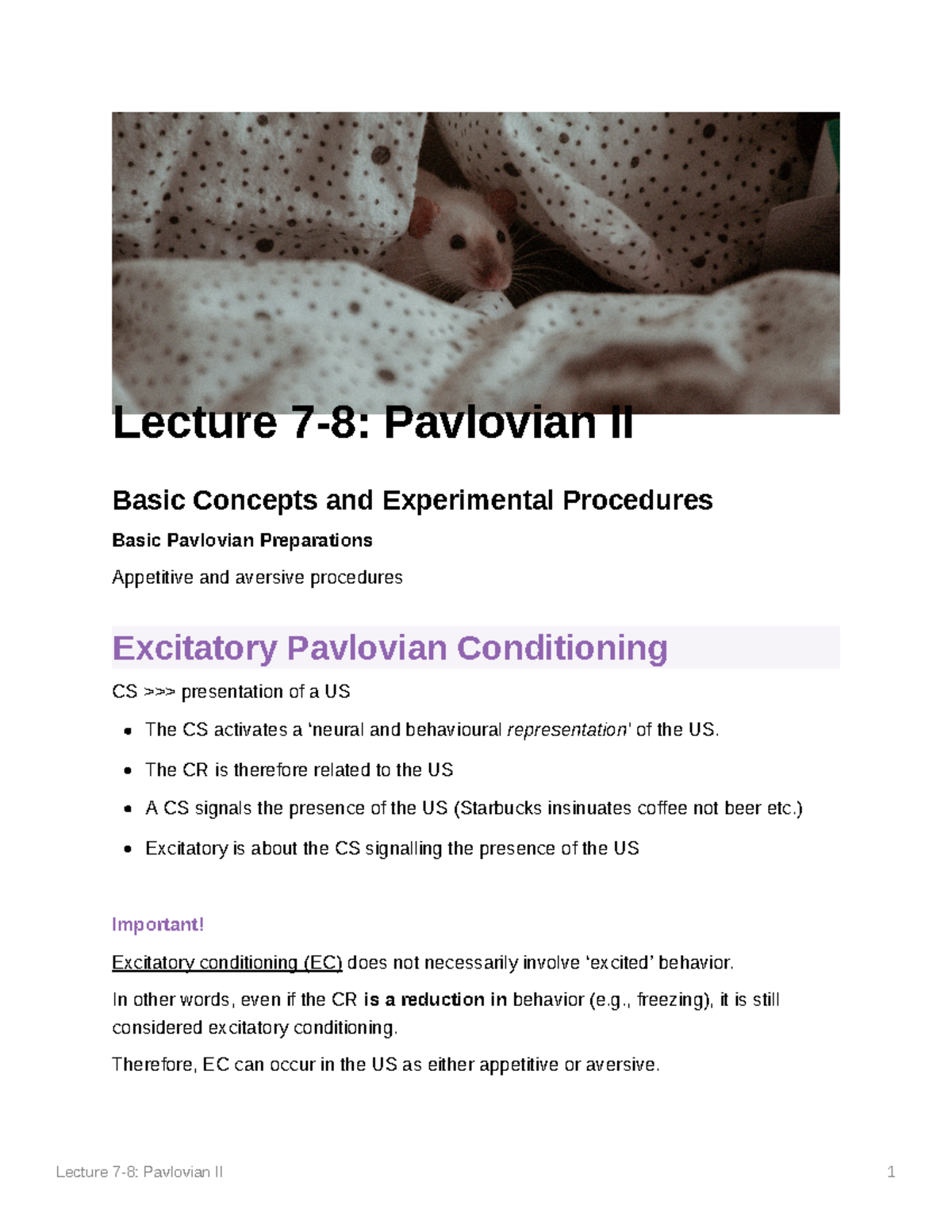 Lecture 7-8 Pavlovian II - Lecture 7-8: Pavlovian II Basic Concepts and Experimental Procedures ...