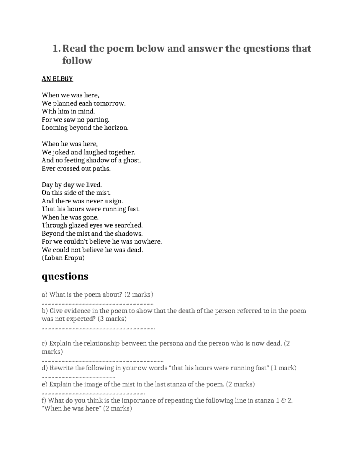 Poetry questions - 1. Read the poem below and answer the questions that ...