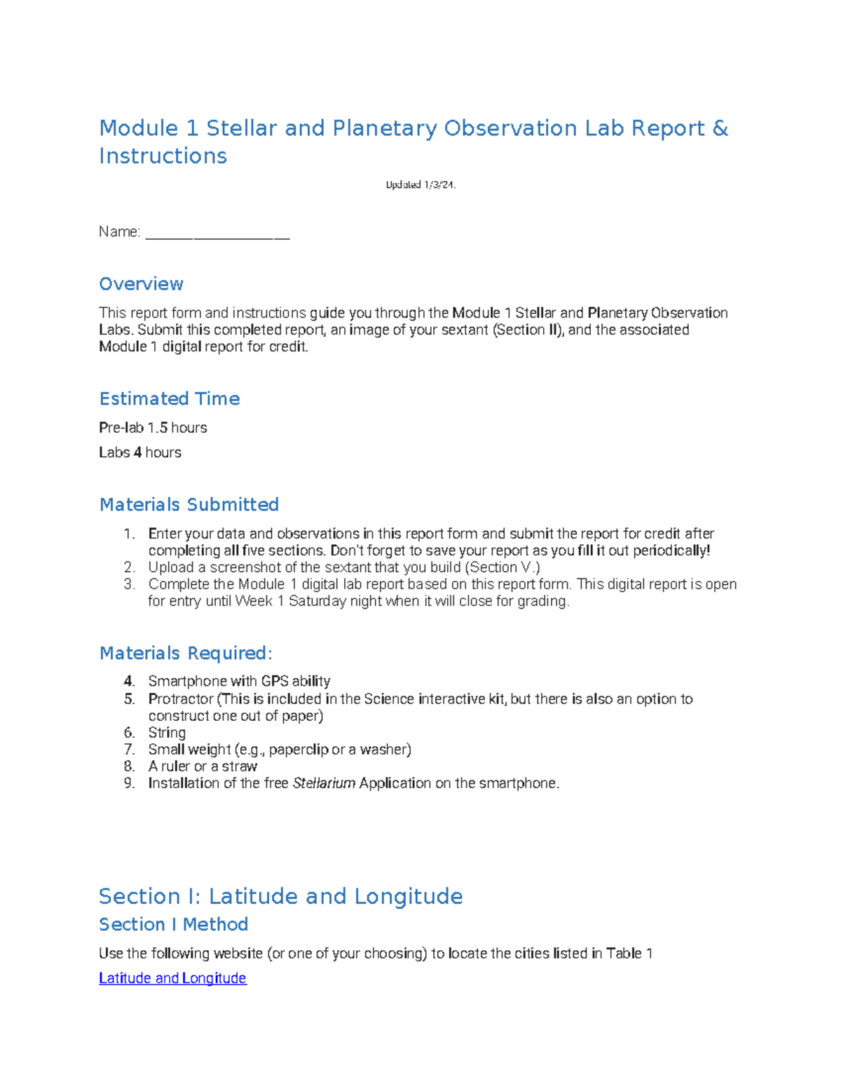 SCI200 LAB Module 1 Stellar & Planetary Observation Lab Instructions - Module 1 Stellar and ...