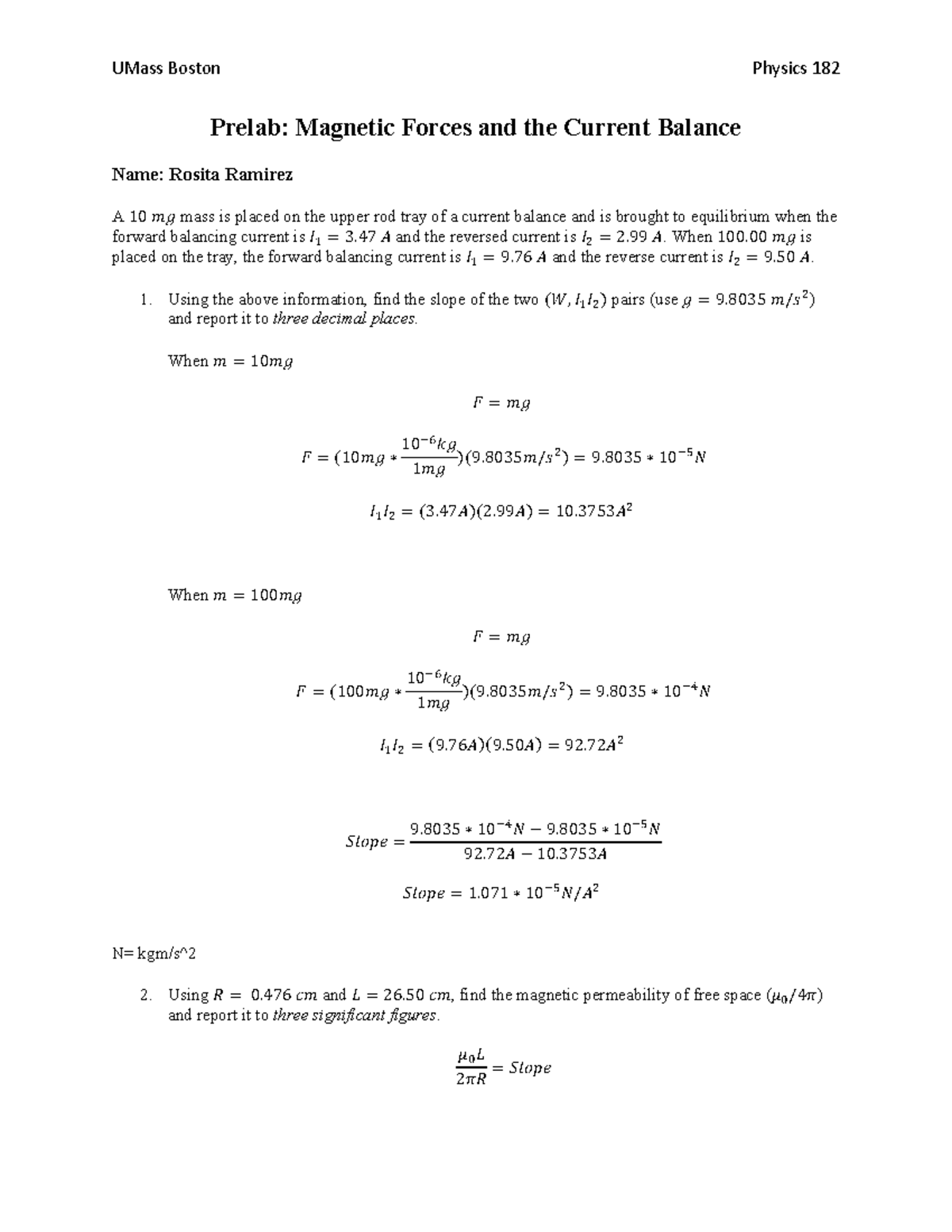 Current Balance Prelab - UMass Boston Physics 182 Prelab: Magnetic ...