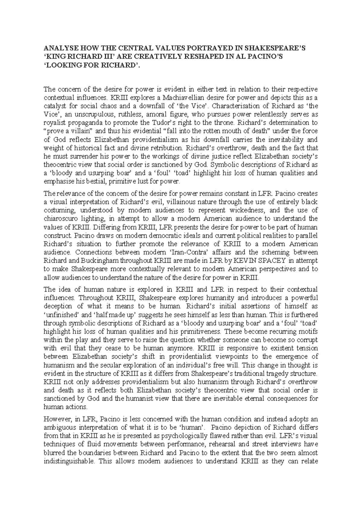 ANALYSE HOW THE CENTRAL VALUES PORTRAYED IN SHAKESPEARE’S ‘KING RICHARD ...
