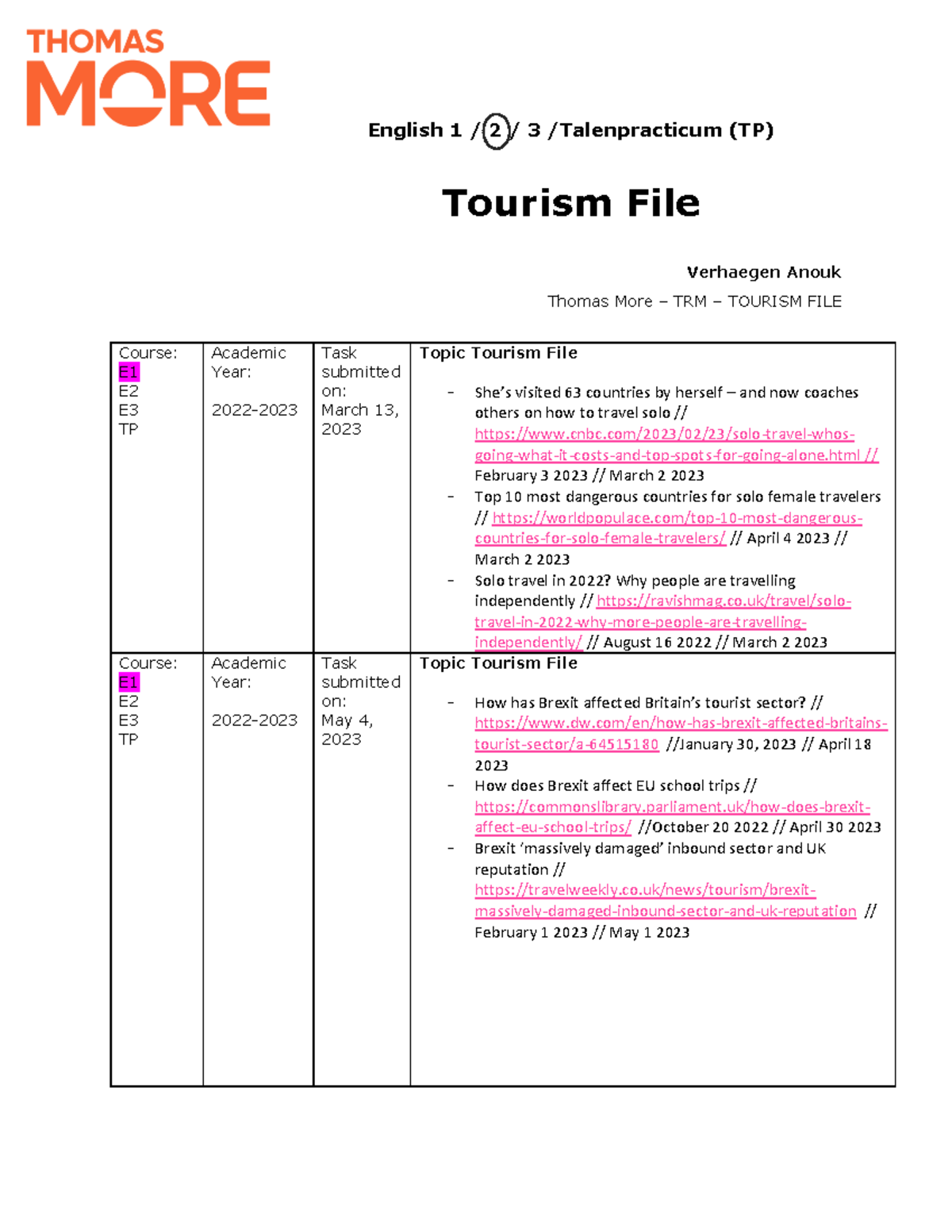 Tourism File 1 - ethical tourism - English 1 / 2 / 3 /Talenpracticum ...