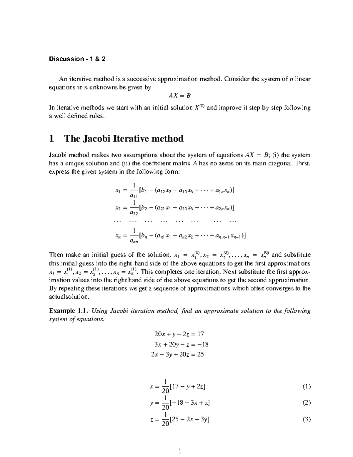 Iterative Method Brief Lecture Notes Discussion 1 And 2 An Iterative Method Is A Successive