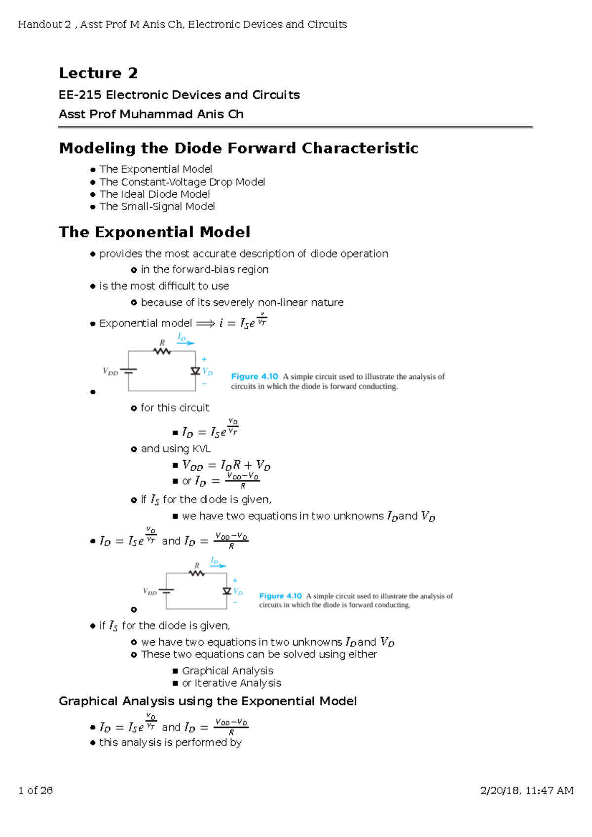 Handout 2 Lecture 2 Ee 215 Electronic Devices And Circuits Asst Prof Muhammad Anis Ch Modeling