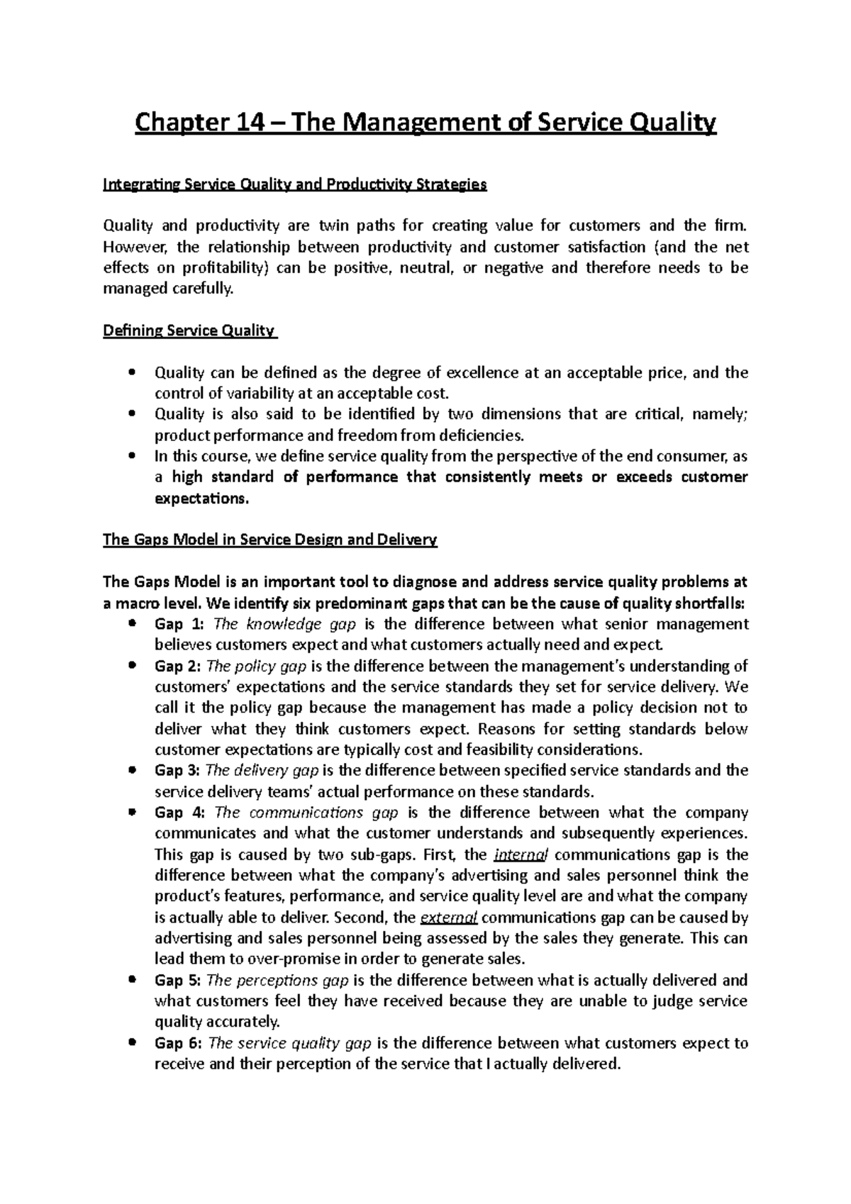 Chapter 14 – The Management of Service Quality - Chapter 14 – The ...