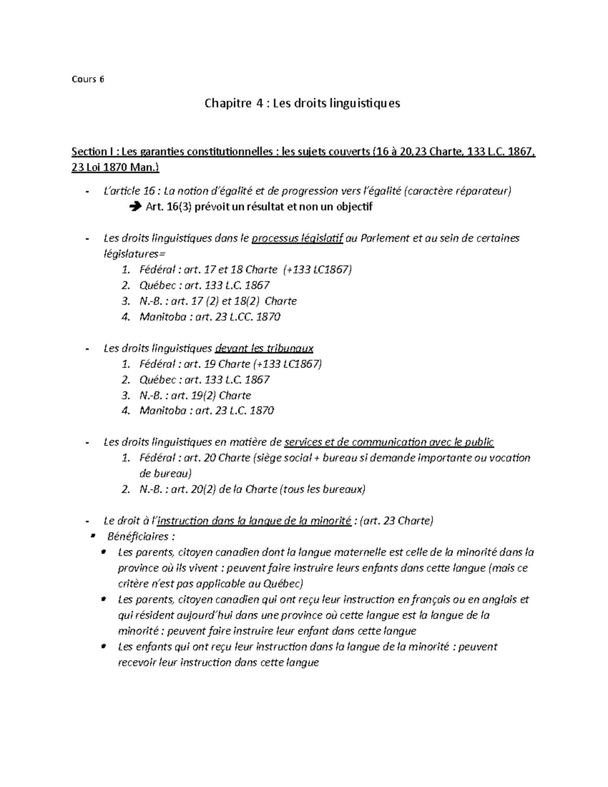 Cours 6 - Ingrid Roy - Cours 6 Chapitre 4 : Les droits linguistiques ...
