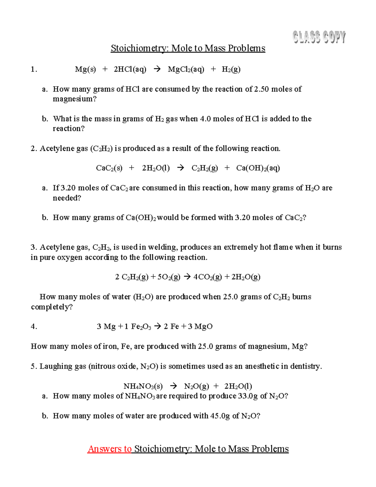 Stoichiometry - mole to mass - Stoichiometry: Mole to Mass Problems Mg ...