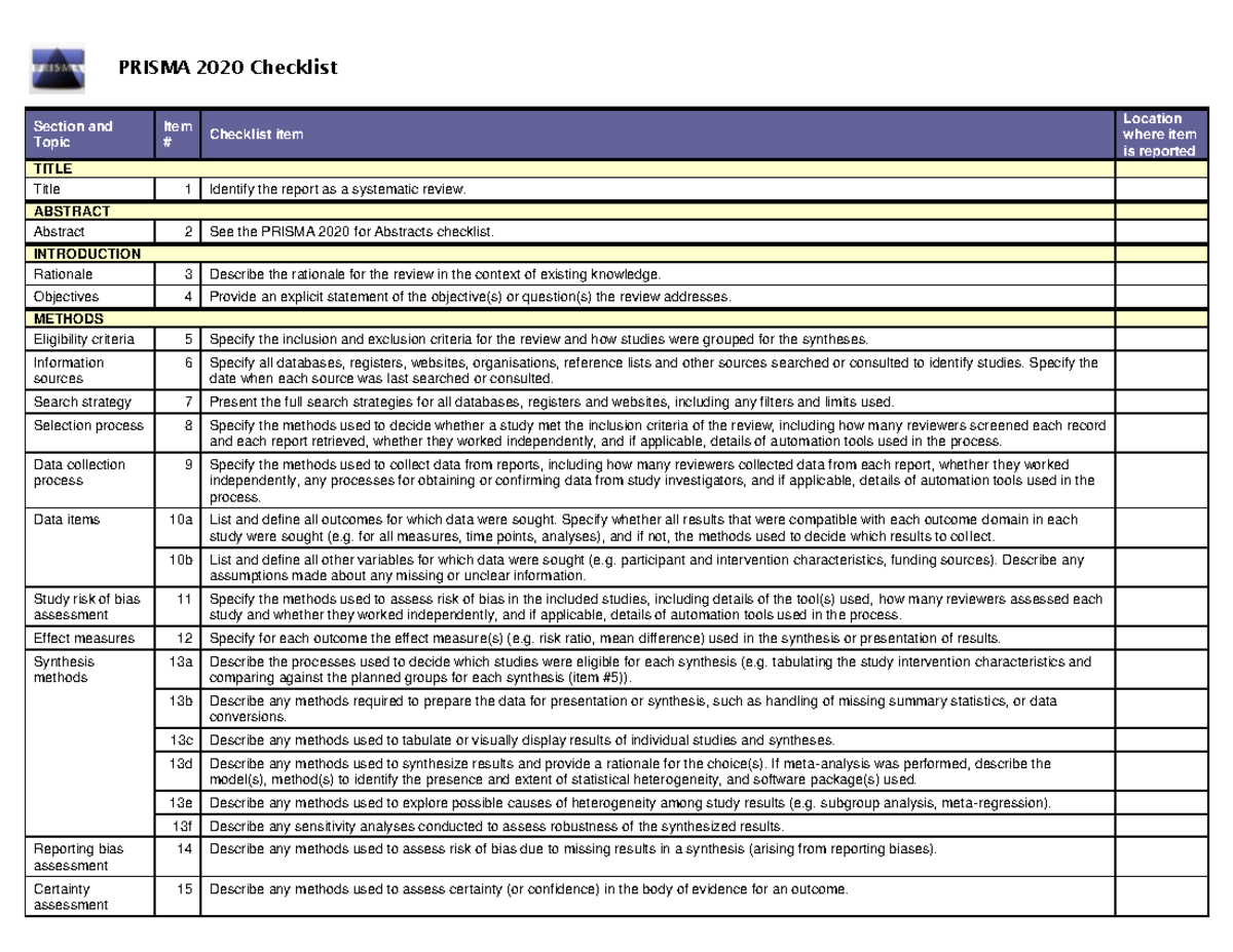 Prisma 2020 checklist - PRISMA 2020 Checklist Section and Topic Item ...