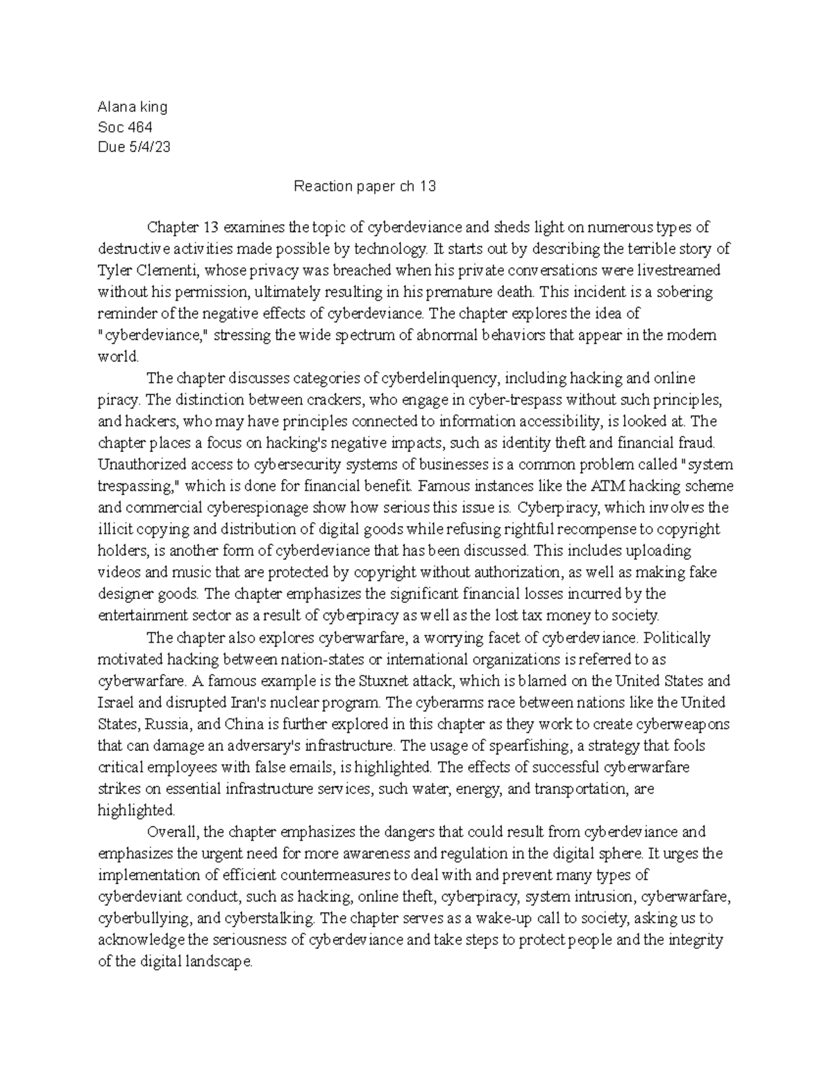 Soc chapter 13 reaction paper - Alana king Soc 464 Due 5/4/ Reaction ...