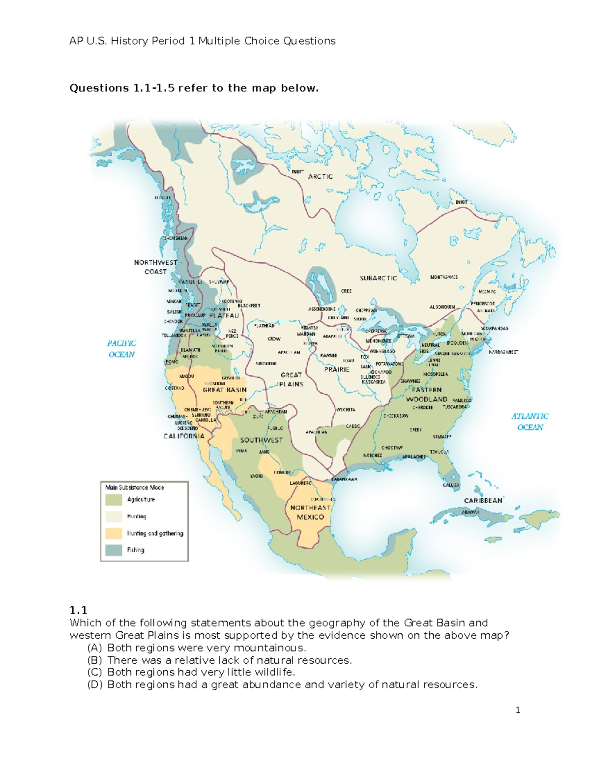 Period 1 New AP Multiple Choice Bank - Questions 1.1-1 refer to the map ...