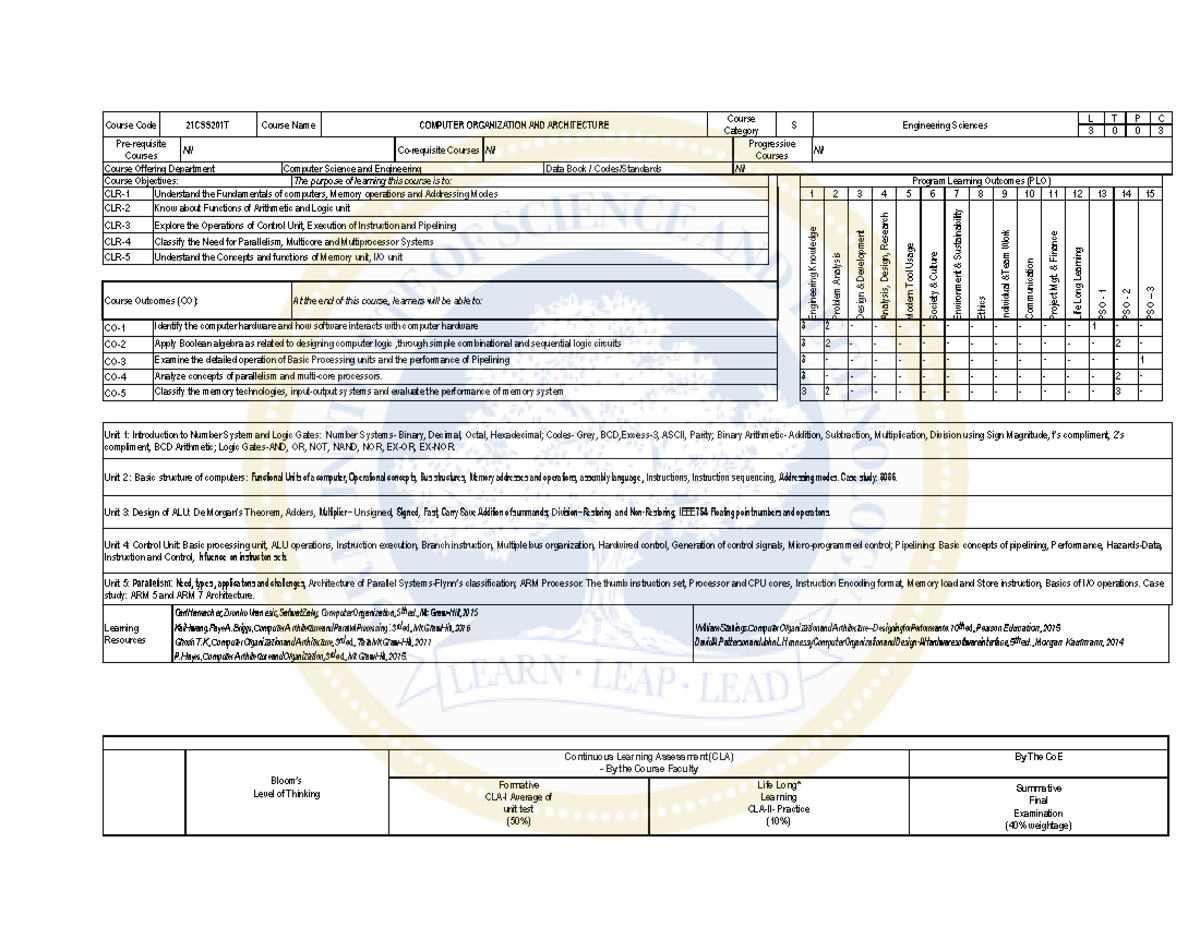 Coa syllabus - Course Code 21CSS201T Course Name COMPUTER ORGANIZATION ...