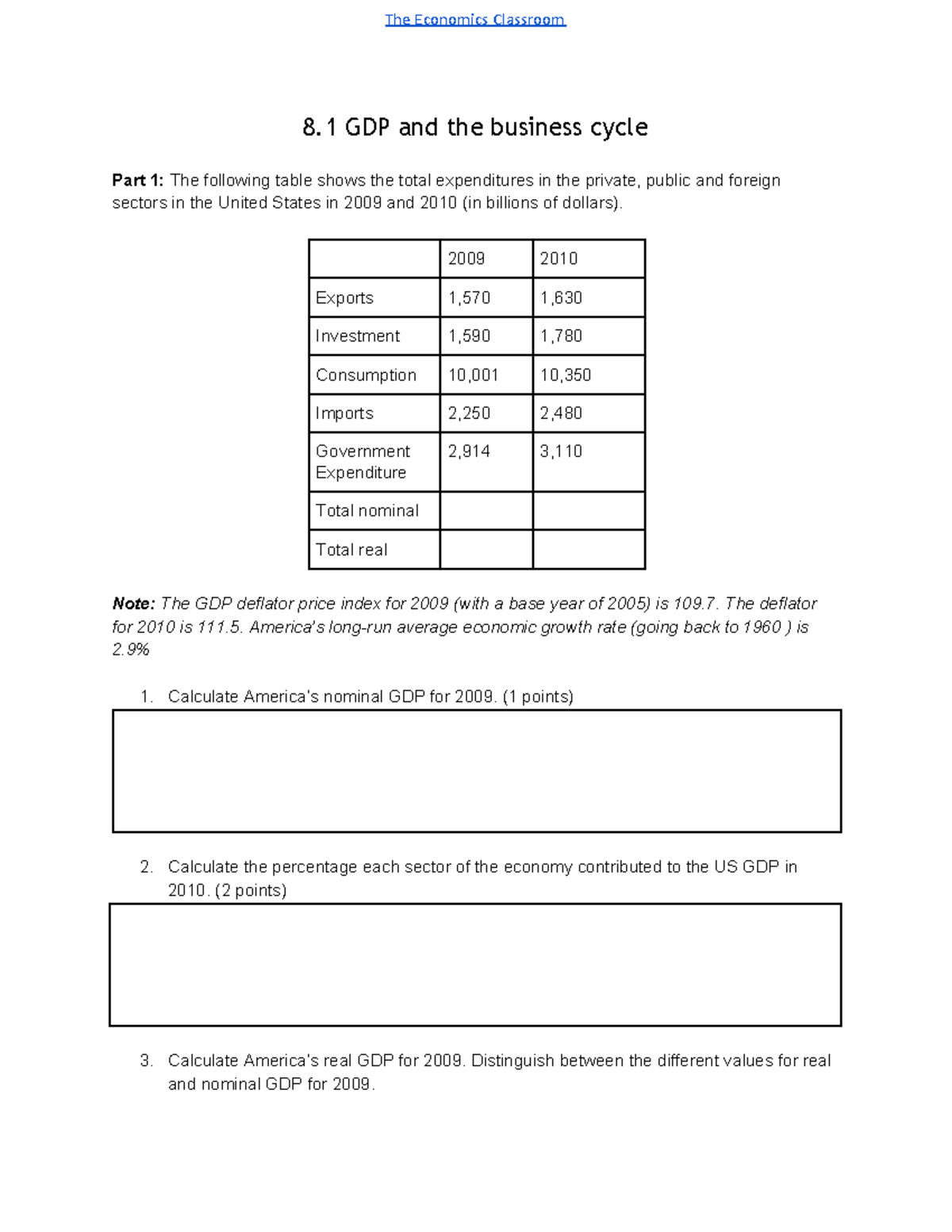 GDP and the business cycle exercise - The Economics Classroom 8 GDP and ...