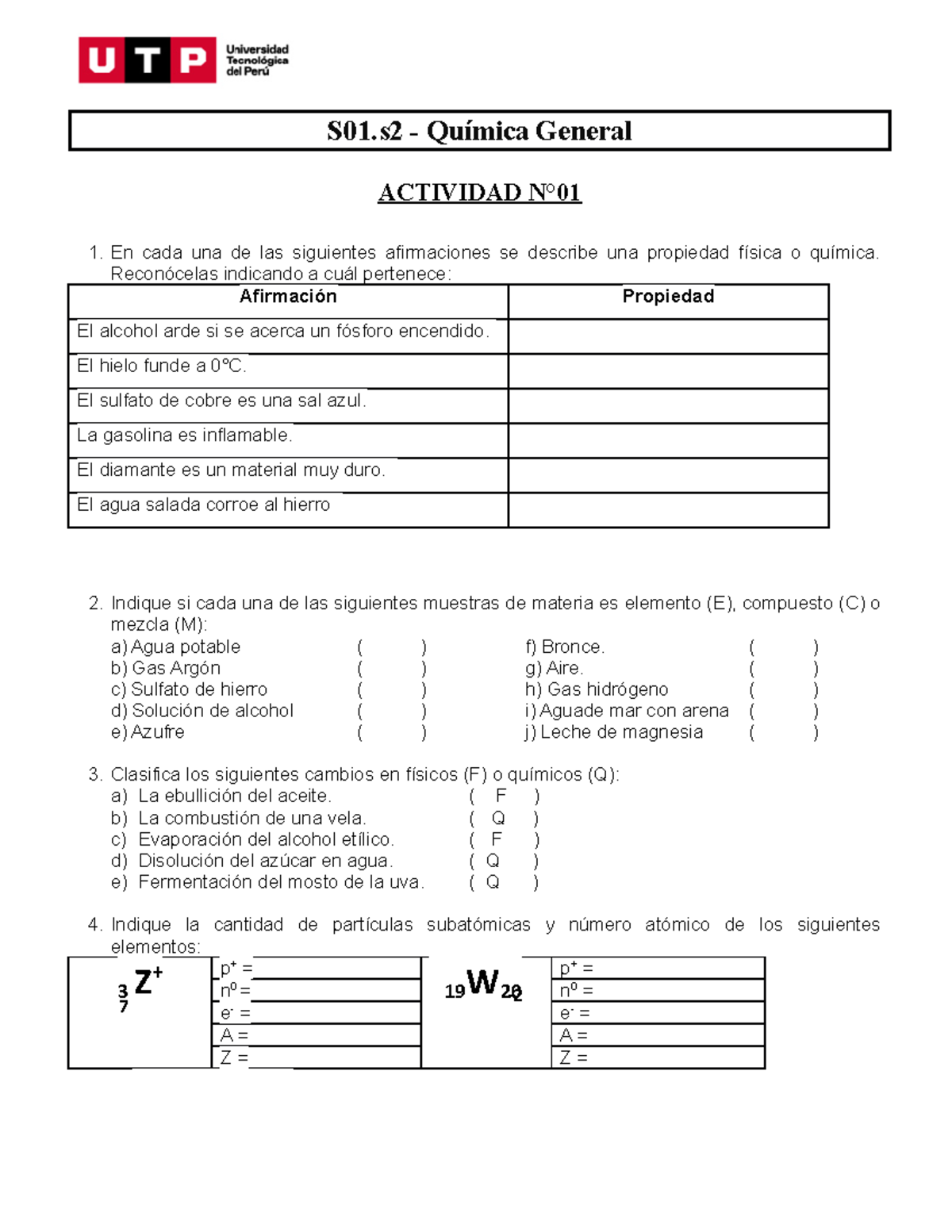 I02N Ejercicios S01 - ....... - S01 - Química General ACTIVIDAD N° 1 ...