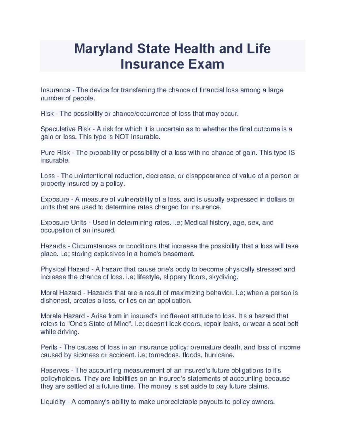 Maryland State Health and Life Insurance Exam - Maryland State Health ...