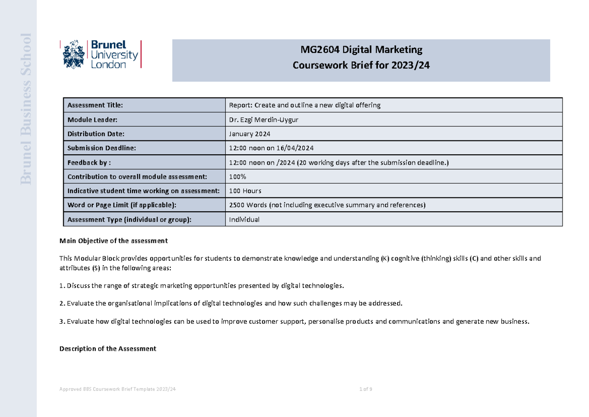 MG2604 Coursework Brief 2023 - Brunel Business School Assessment Title ...