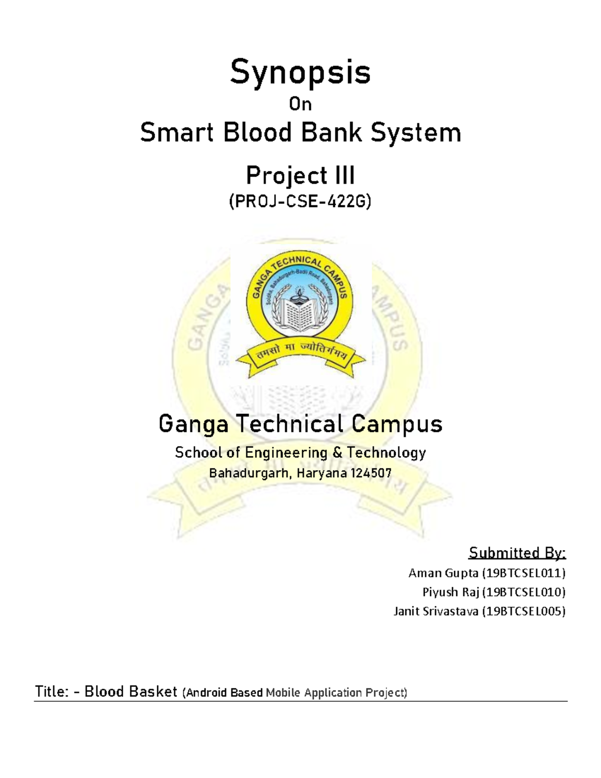 Synopsis Project III - Synopsis On Smart Blood Bank System Project III ...