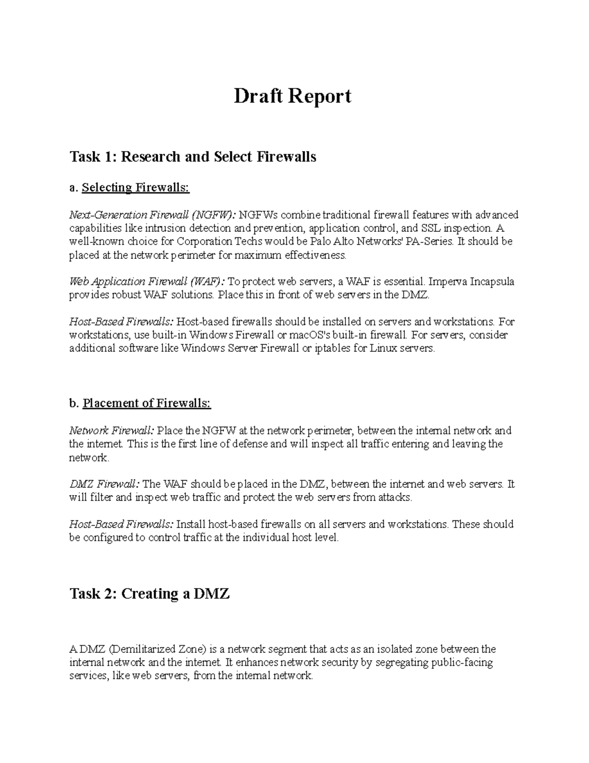 Draft Report - Draft Report Task 1: Research and Select Firewalls a ...