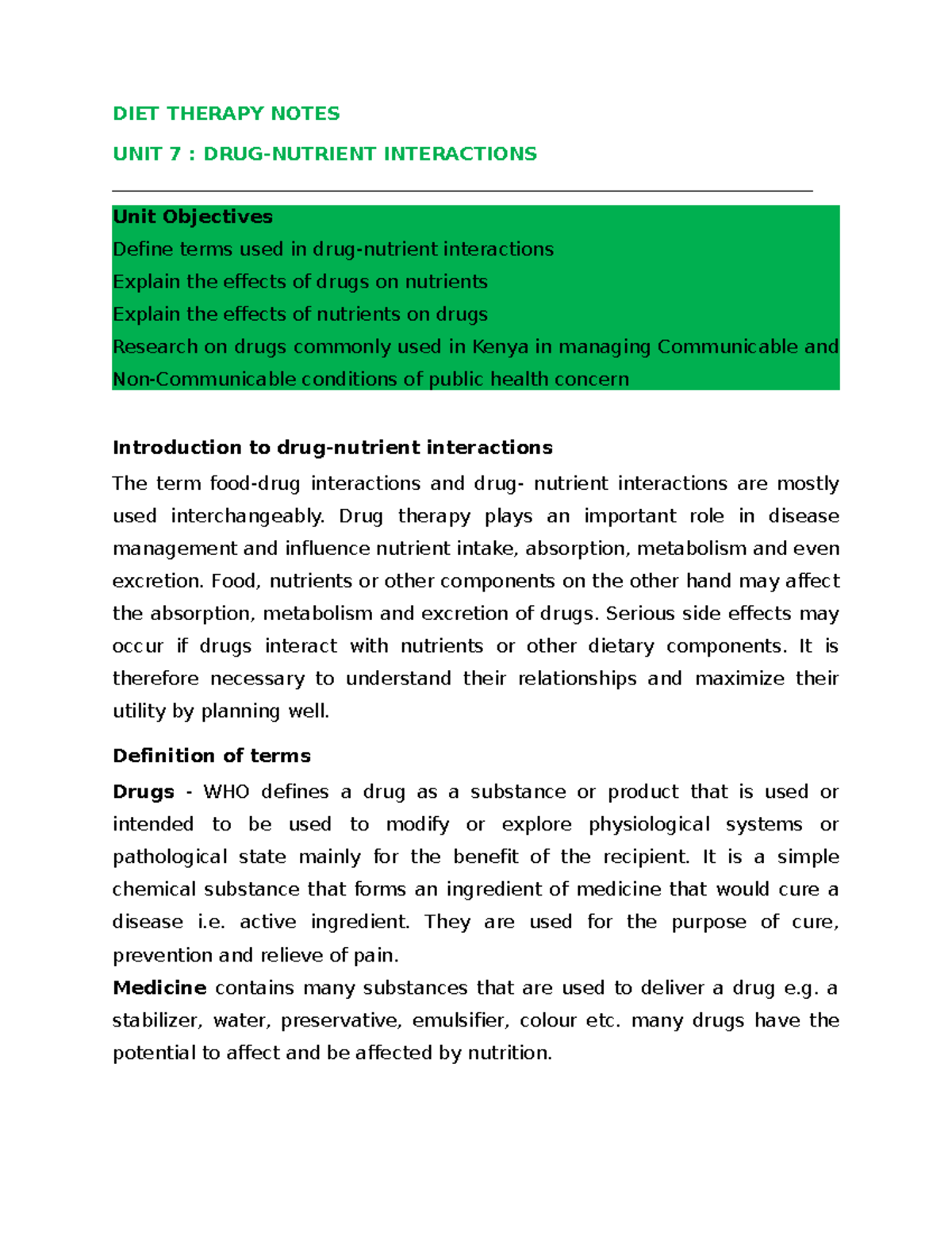 DIET Therapy Notes UNI 7 - DIET THERAPY NOTES UNIT 7 : DRUG-NUTRIENT ...