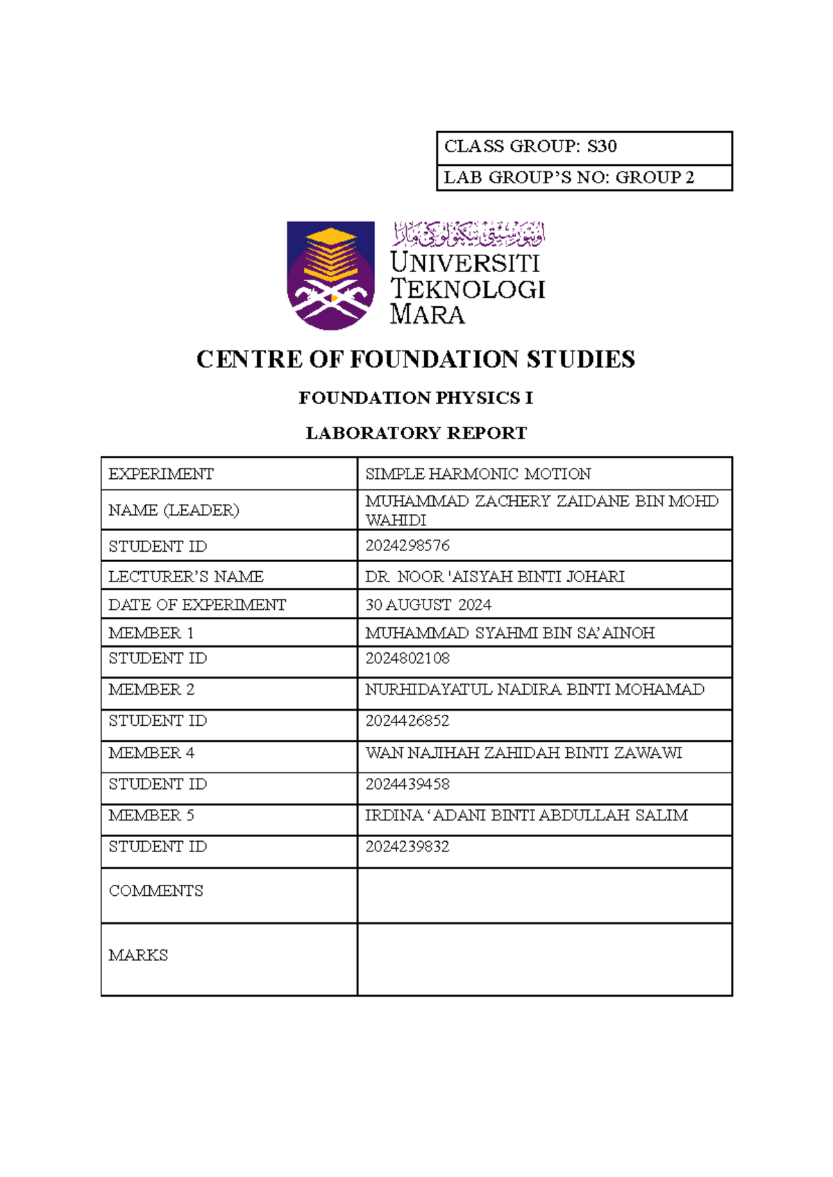 LAB Report Physic Experiment 5 Group 2 - CLASS GROUP: S LAB GROUP’S NO: GROUP 2 CENTRE OF ...