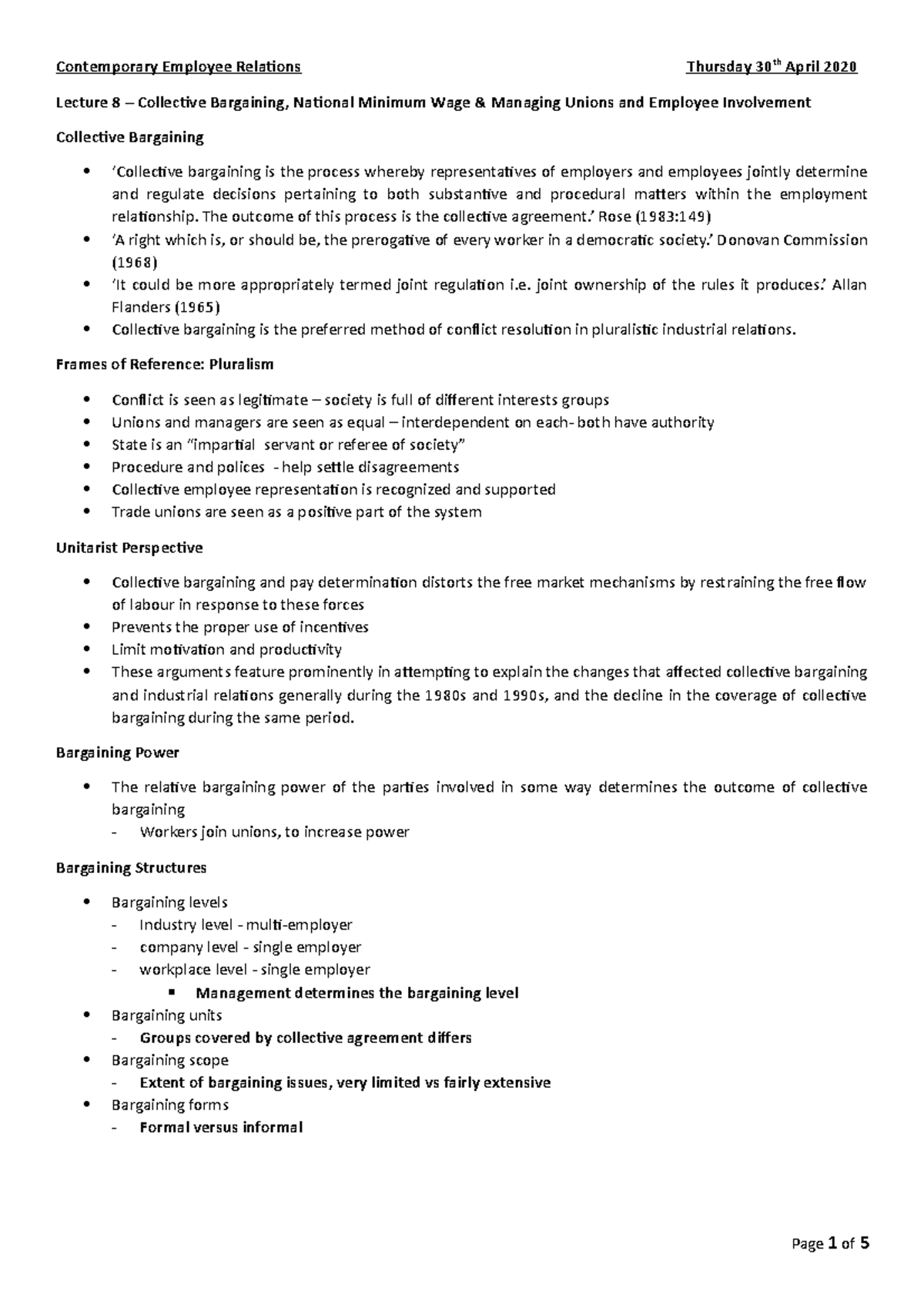 Contemporary Employment Relations Lecture 8 Notes - Contemporary ...