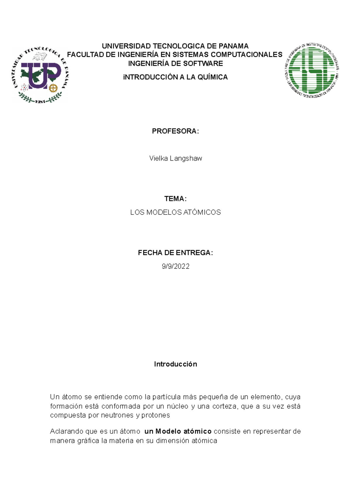 Investigacion Quimica 2 - UNIVERSIDAD TECNOLOGICA DE PANAMA FACULTAD DE INGENIERÍA EN SISTEMAS ...