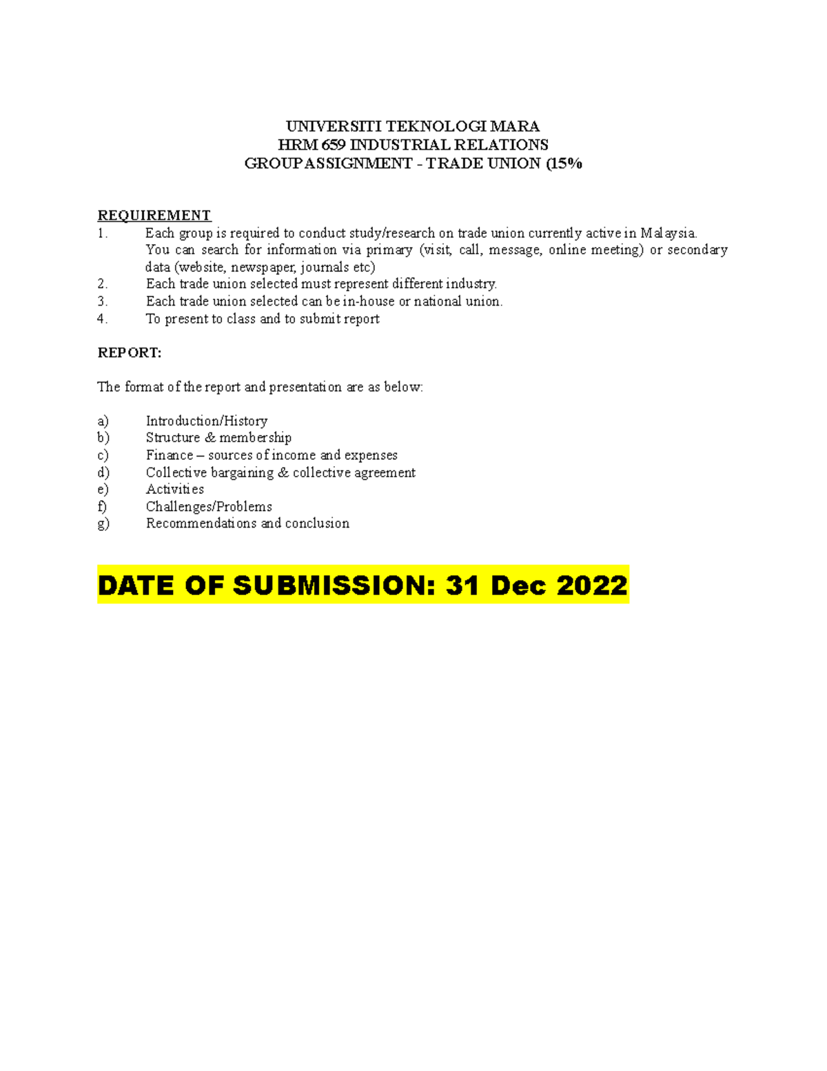 GRP ASSG - Trade Union - UNIVERSITI TEKNOLOGI MARA HRM 659 INDUSTRIAL ...