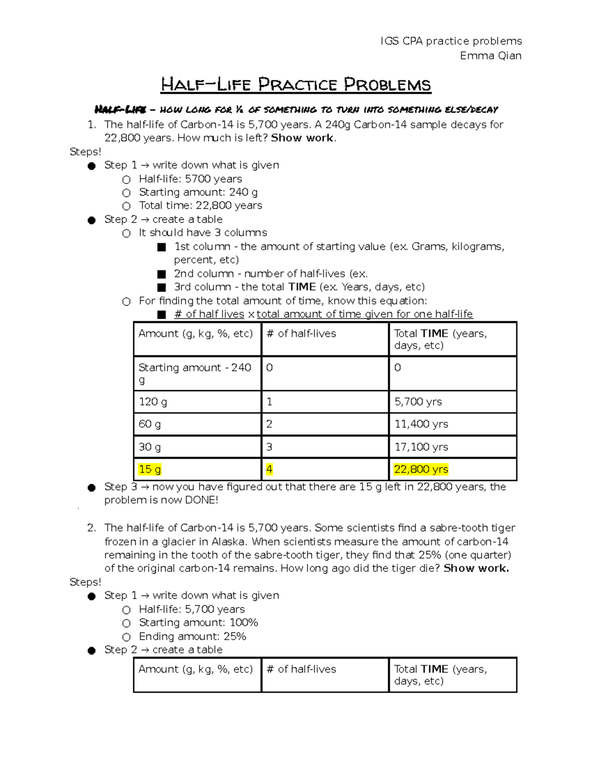 IGS CPA unit 13 half-life practice problems - Emma Qian Half-Life ...