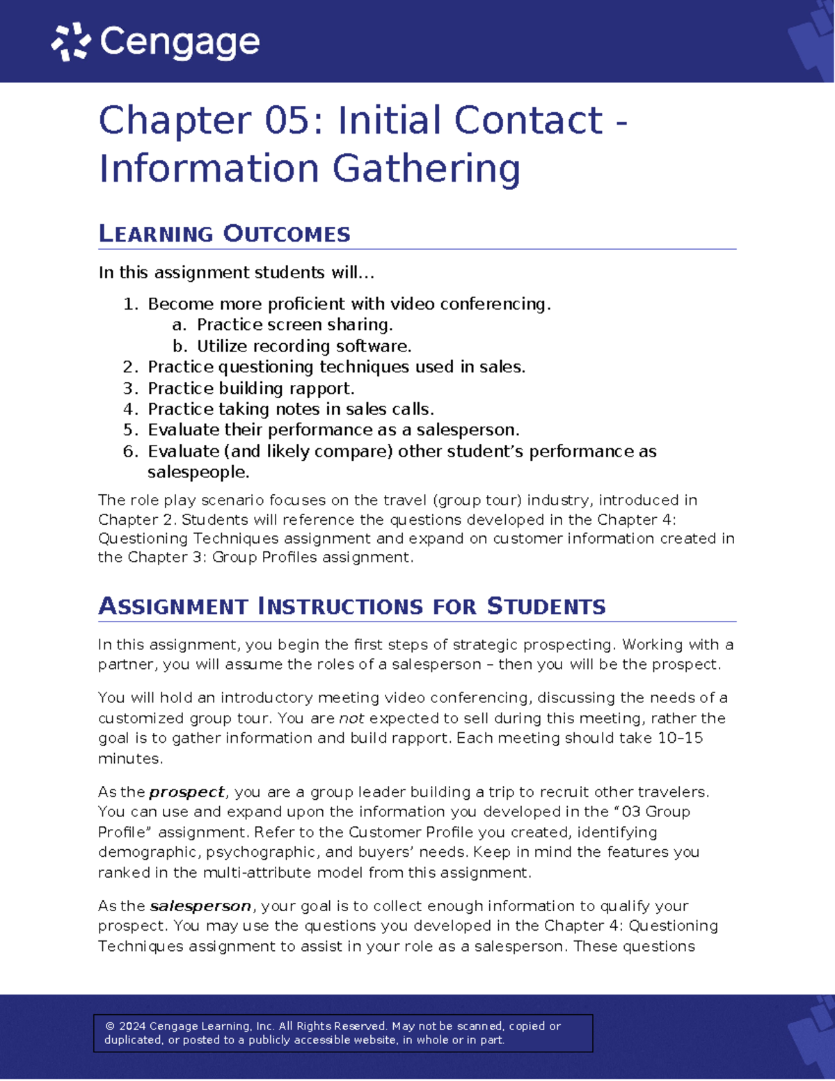 Role Play Info Gathering - initial contact Role Play - Students - © 2024 Cengage Learning, Inc ...