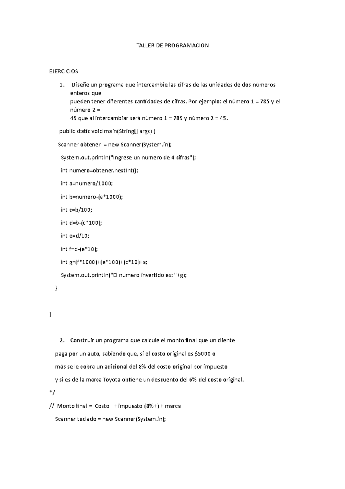 Taller DE Programacion SEMANA 2 - TALLER DE PROGRAMACION EJERCICIOS ...