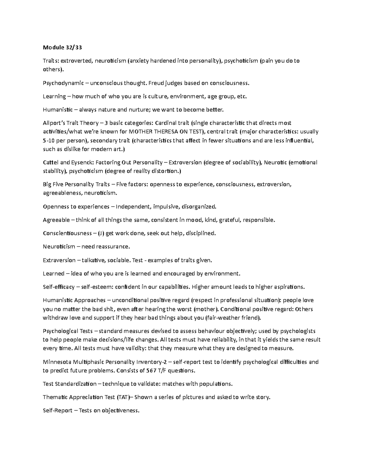 Psych 2 Module 32 and 33 - Module 32/ Traits: extroverted, neuroticism ...