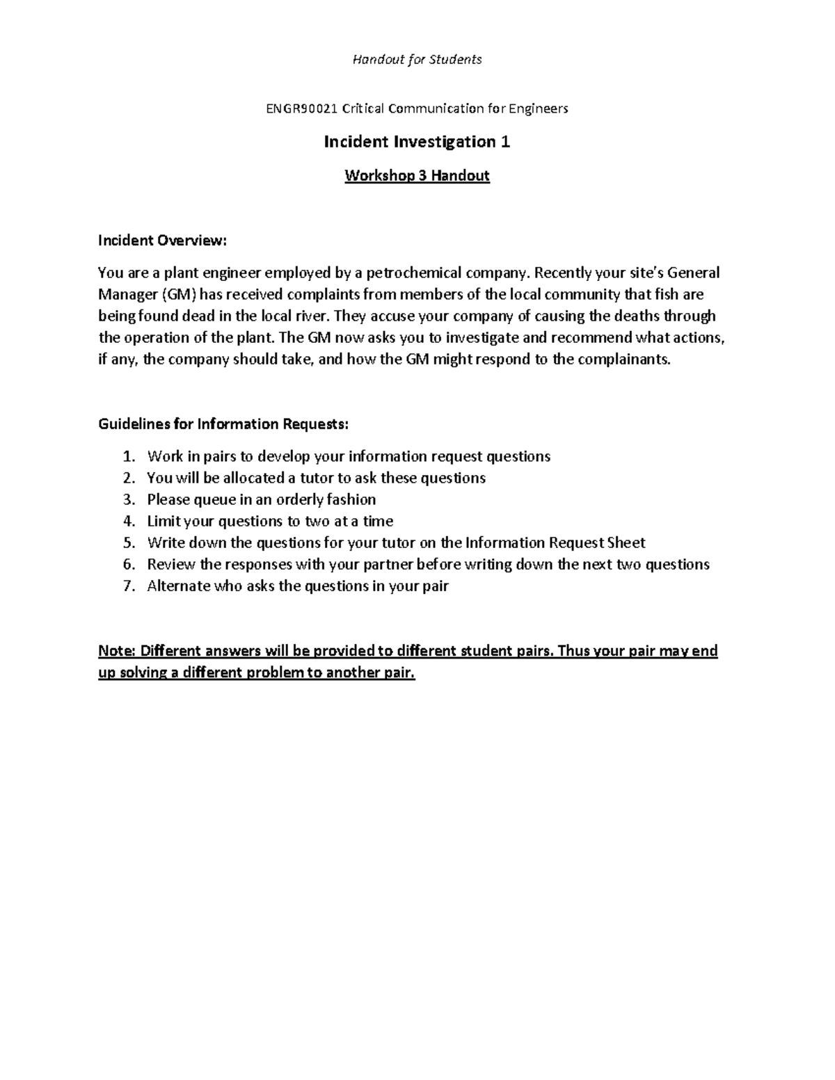 Workshop 3 Handout - Handout for Students ENGR90021 Critical ...