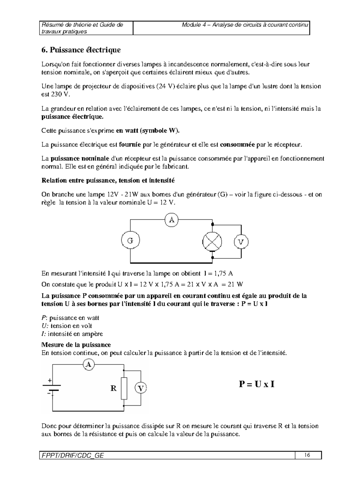 M 05 Analyse de circuits à courant continu-17-25 - travaux pratiques 6. Puissance électrique ...