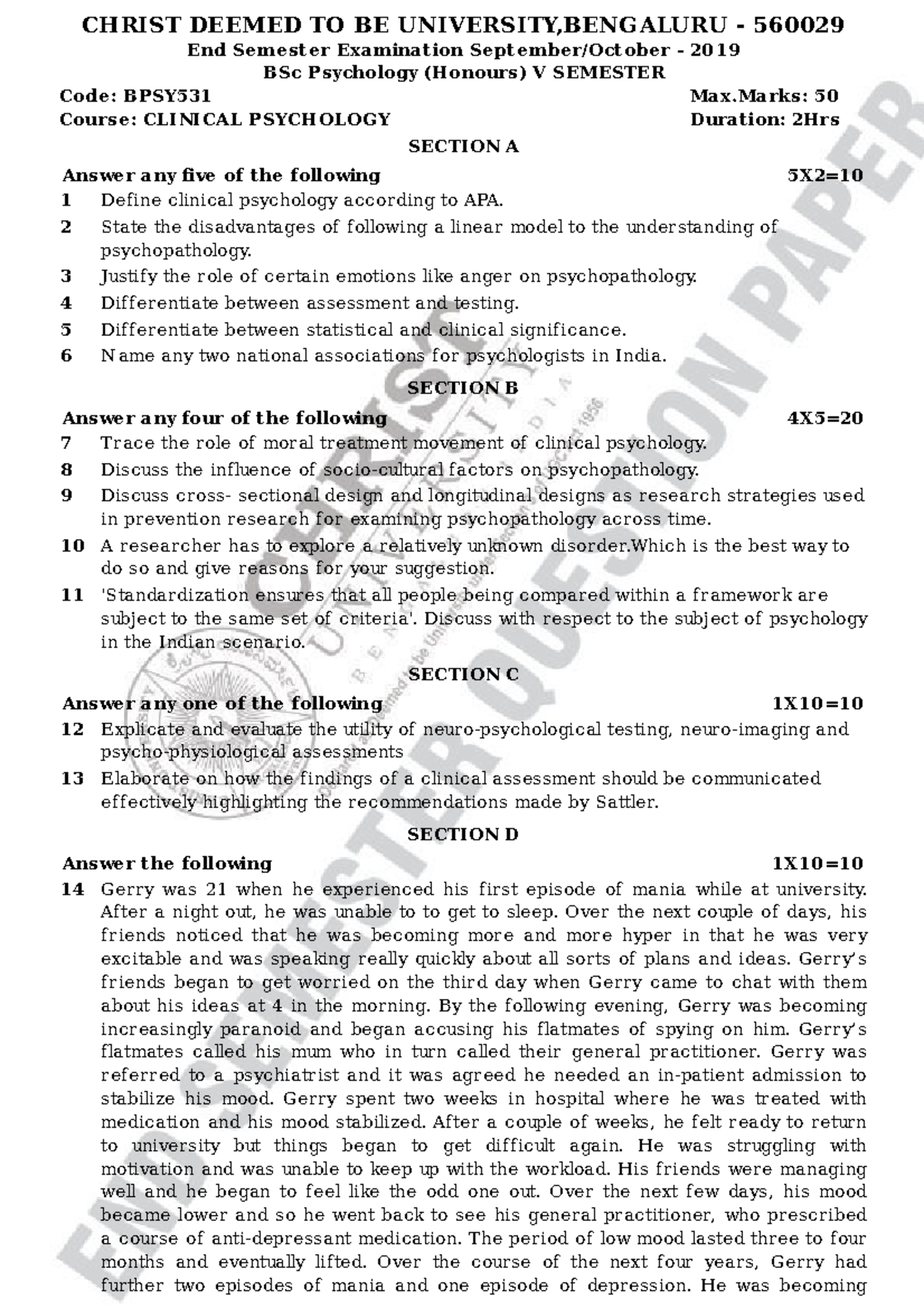 BPSY531 - Clinical Psychology - Question Paper - CHRIST DEEMED TO BE ...