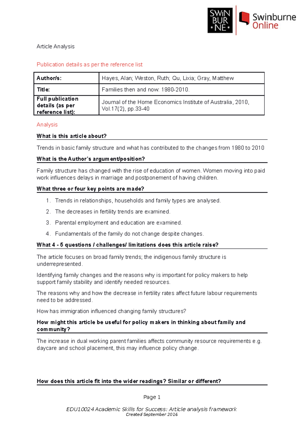 EDU10024 Assignment 2 - Article Analysis Publication details as per the reference list Author/s ...