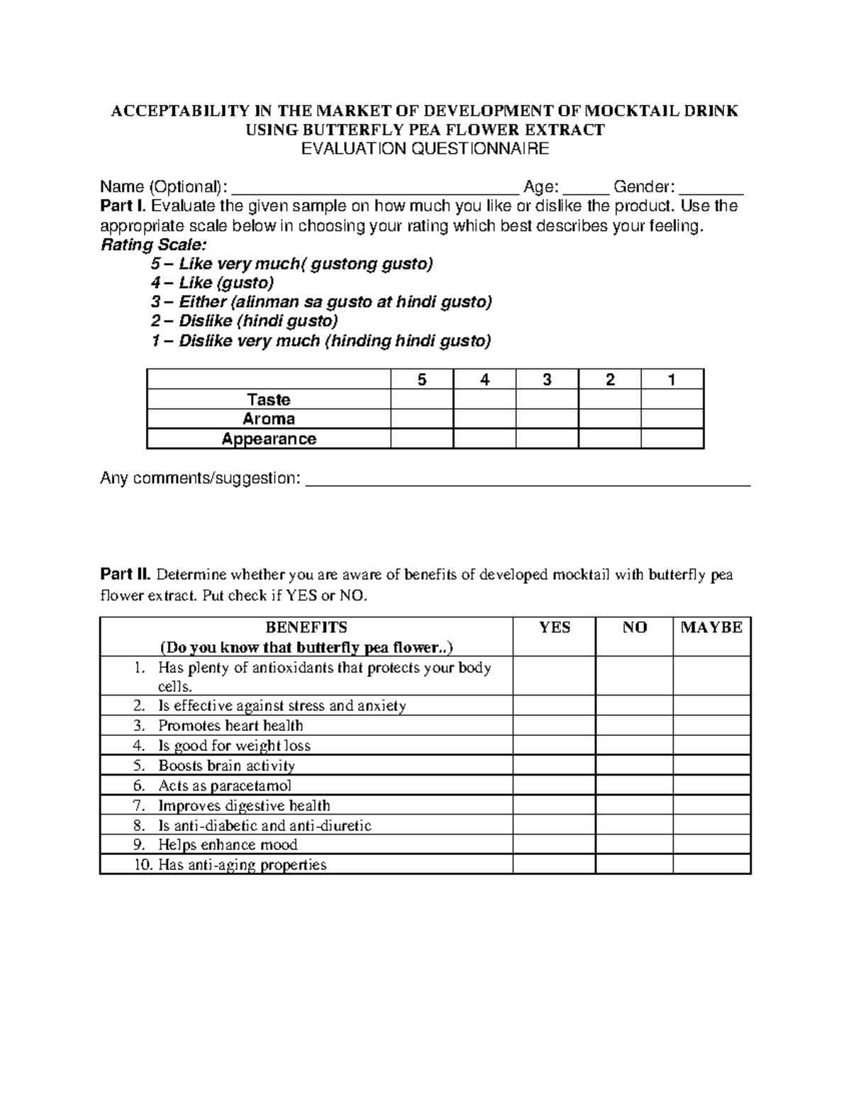 Evaluation Questionnaire 2 parts - ACCEPTABILITY IN THE MARKET OF ...