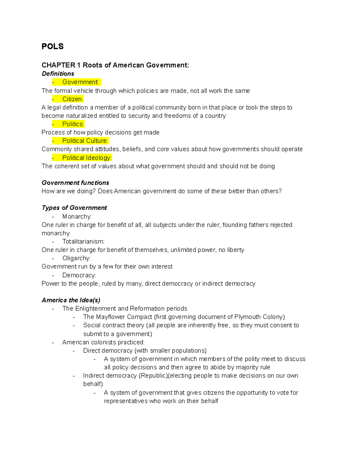 POLS 1101 - Lecture notes All - POLS CHAPTER 1 Roots of American ...